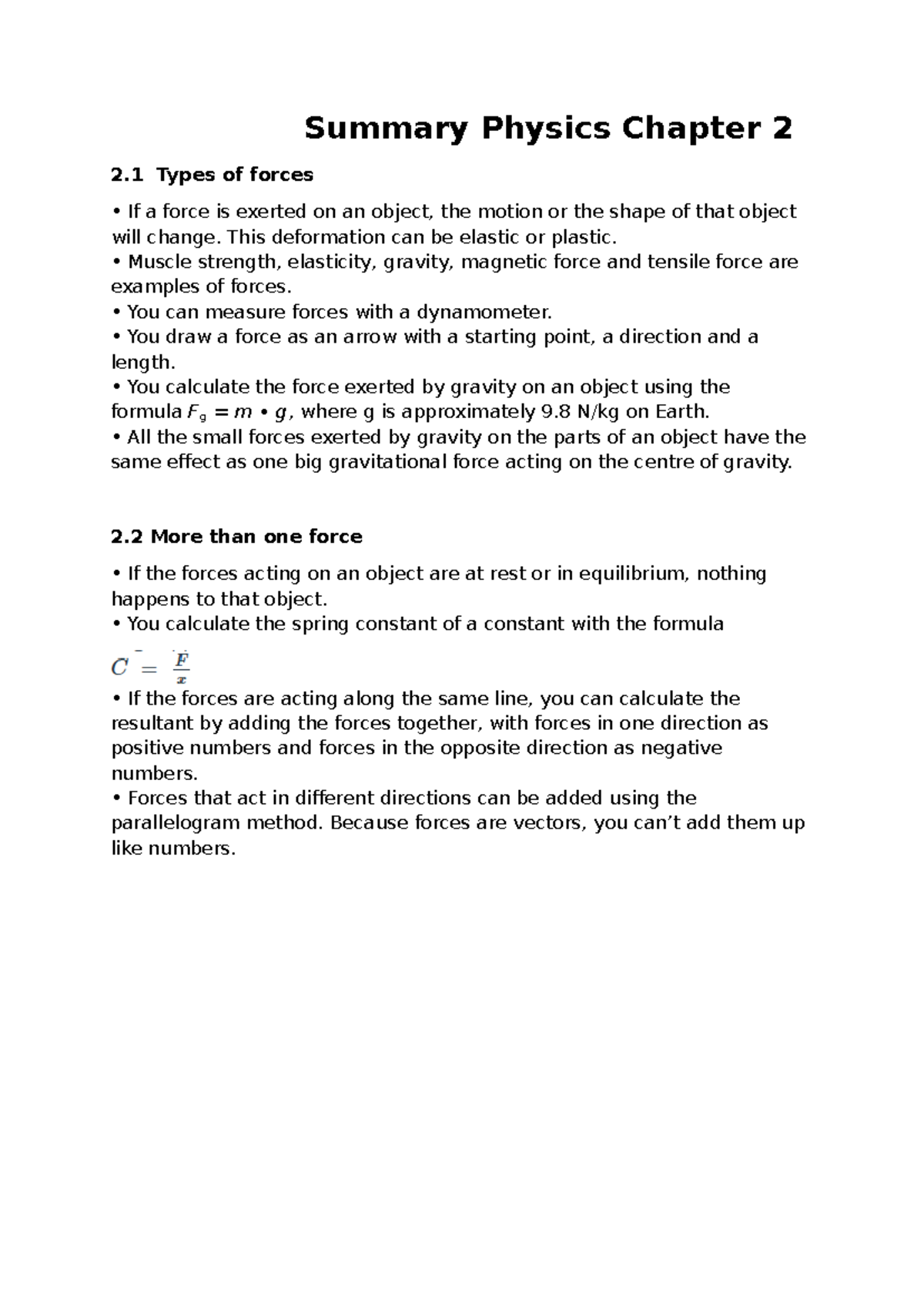 Summary of Physics Chapter 2: Types of Forces and Their Effects ...