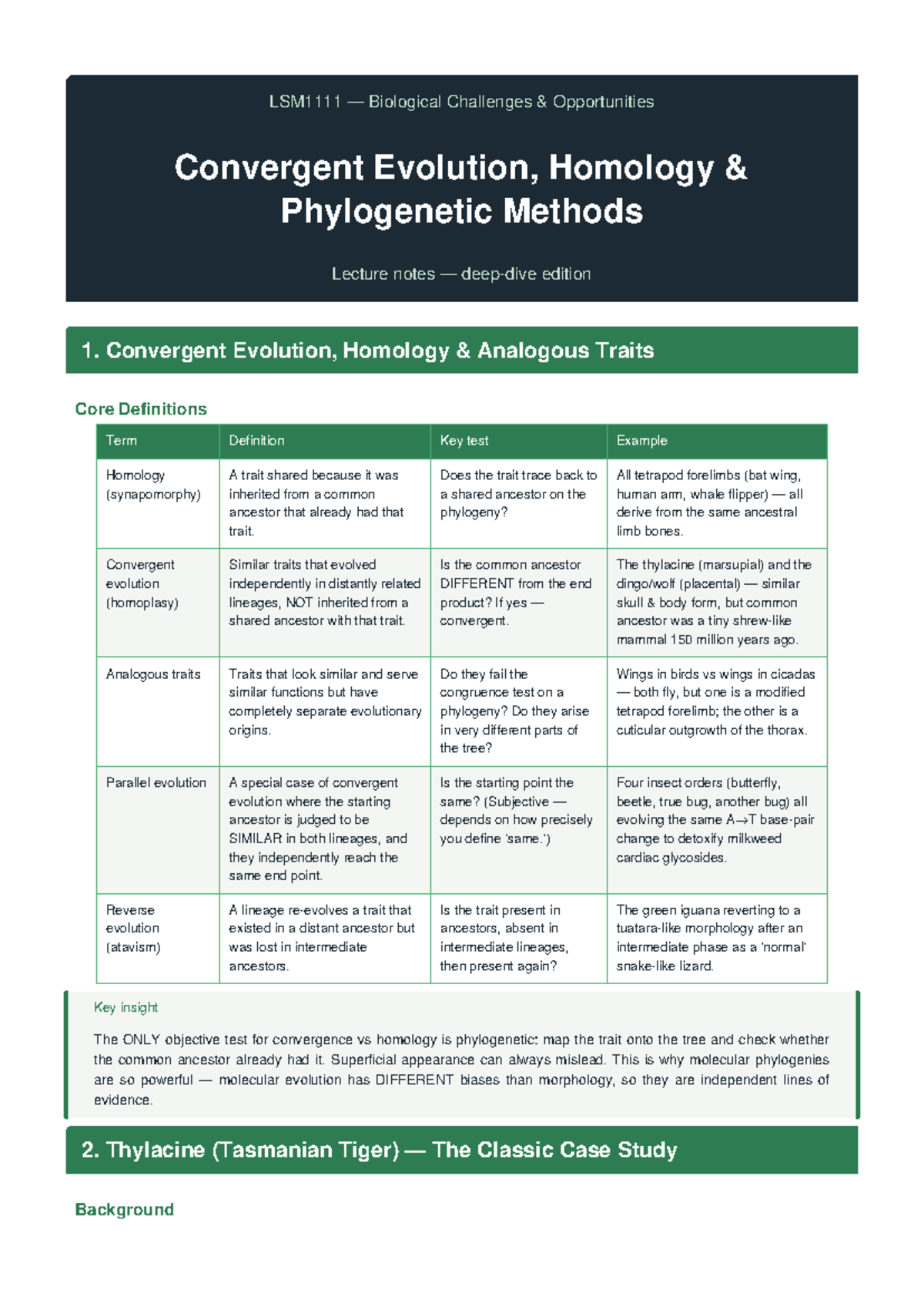 Biological Challenges: Convergent Evolution & Homology Lecture Notes ...