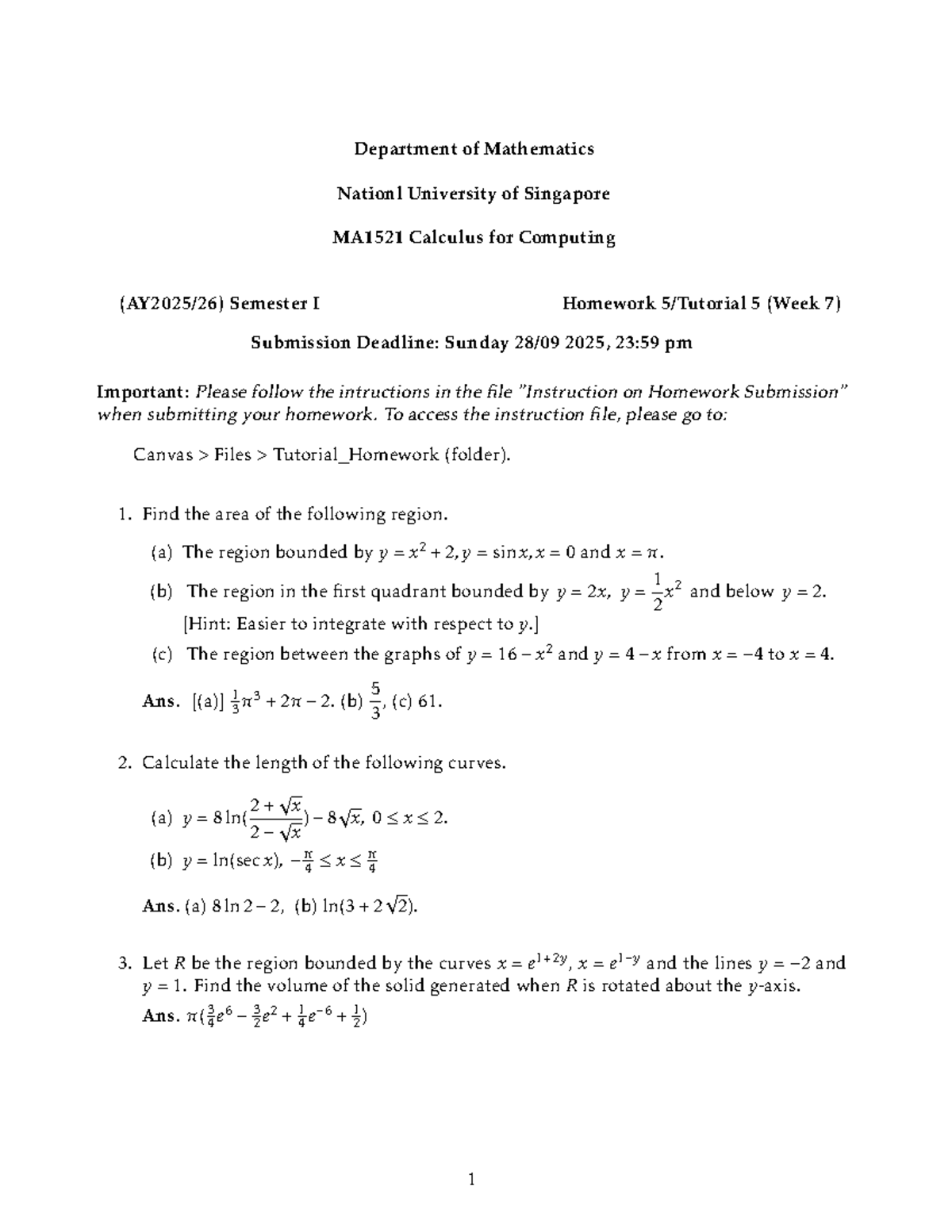 MA1521 Calculus for Computing Homework Tutorial 5 - Studocu