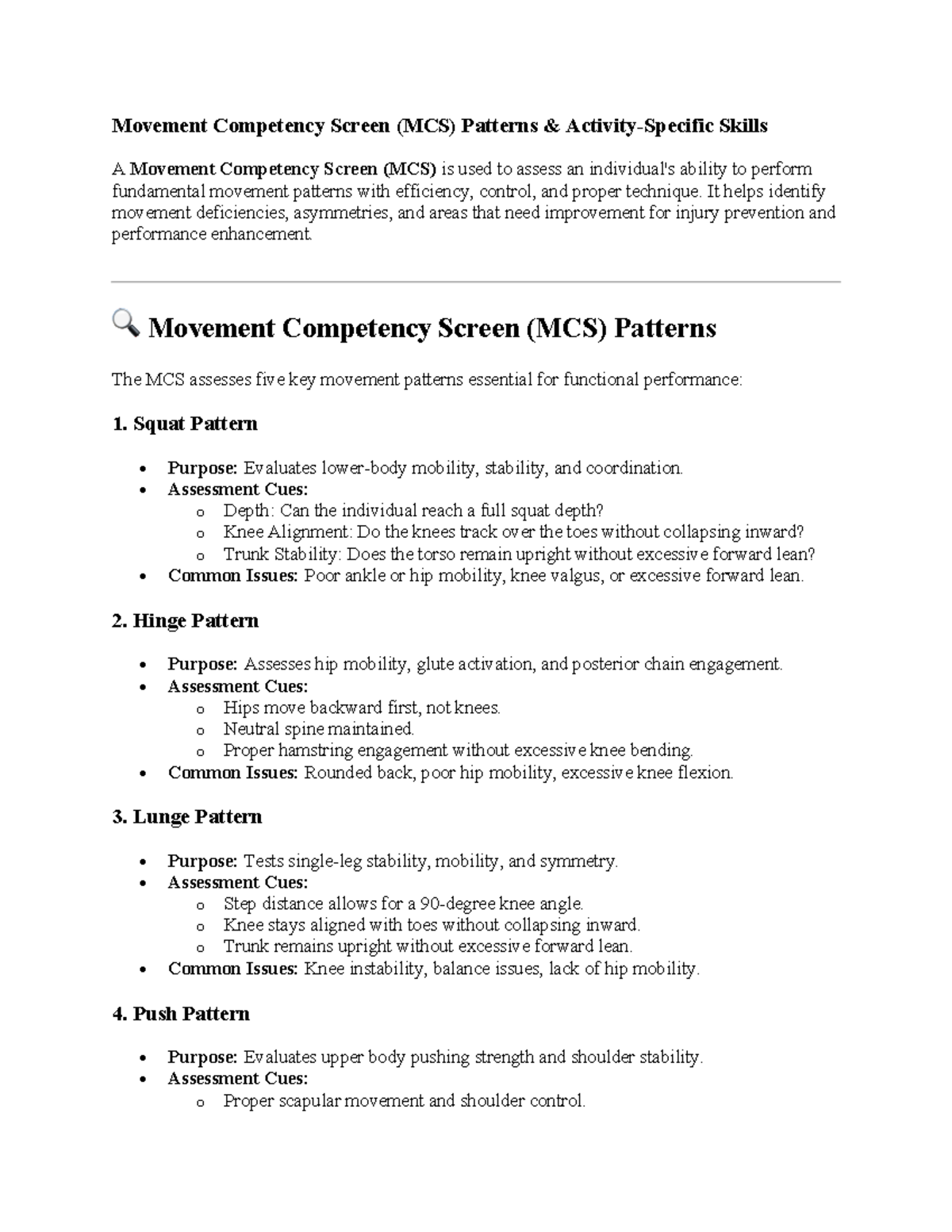 Movement Competency Screen (MCS) Patterns and Skills Overview - Studocu