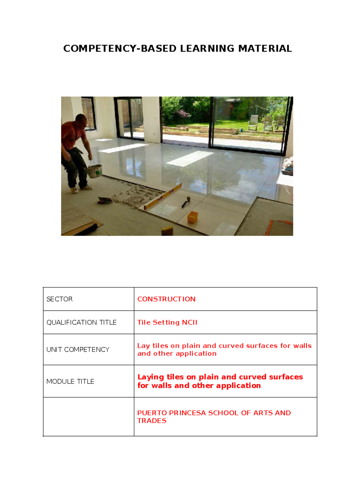 Tile Setting NC II: Laying Tiles on Curved & Plain Surfaces CBLM - Studocu