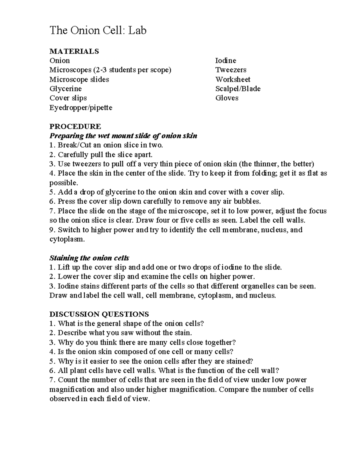 Onion Cell Lab Activity: Microscopy and Staining Exercise - Studocu