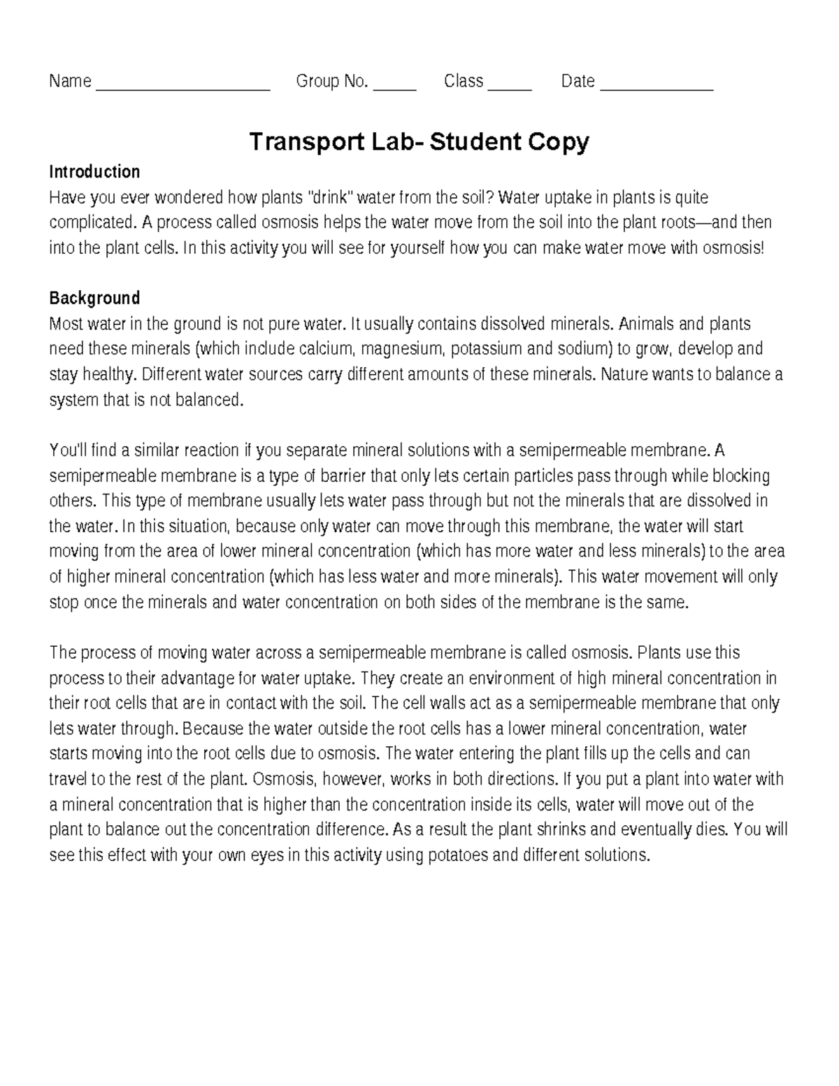 Cell Transport Lab (BIO101) - Student Copy & Overview of Osmosis - Studocu