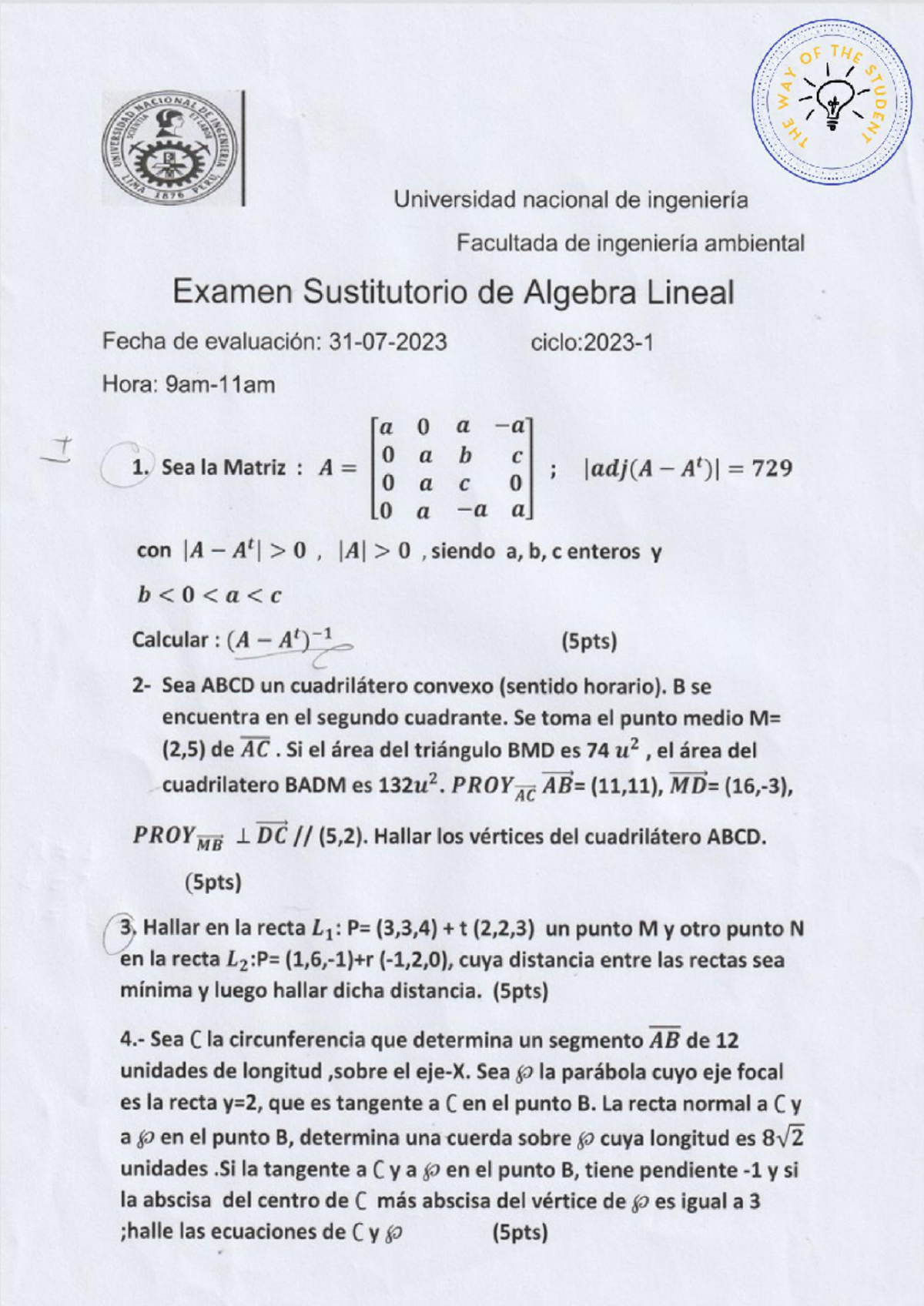 Examen Sustitutorio de Álgebra Lineal - ES 2023-1 - Studocu
