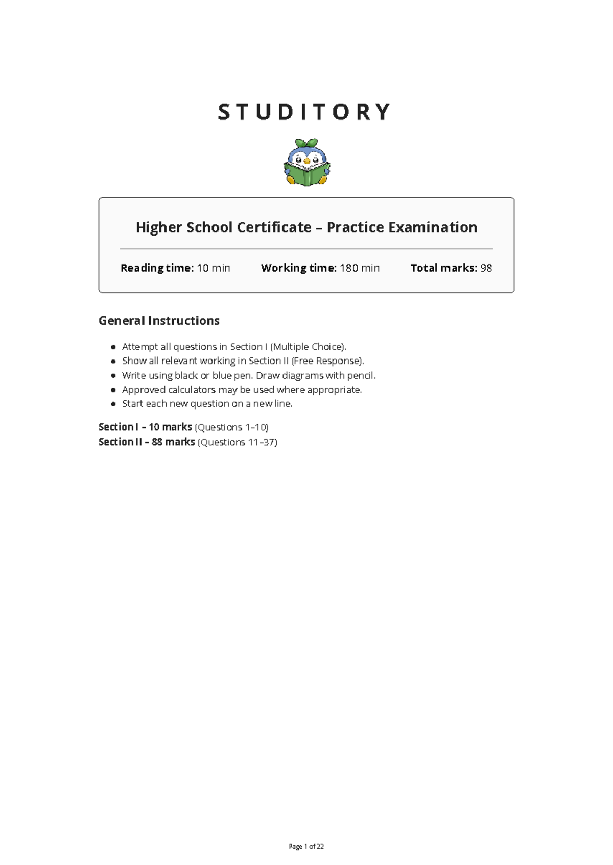 HSC Practice Exam: Mathematics Section I & II Questions - Studocu