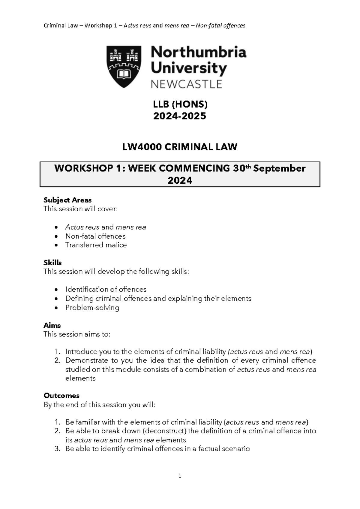 Criminal Law Workshop 1: Actus Reus & Mens Rea Offences LLB (HONS ...