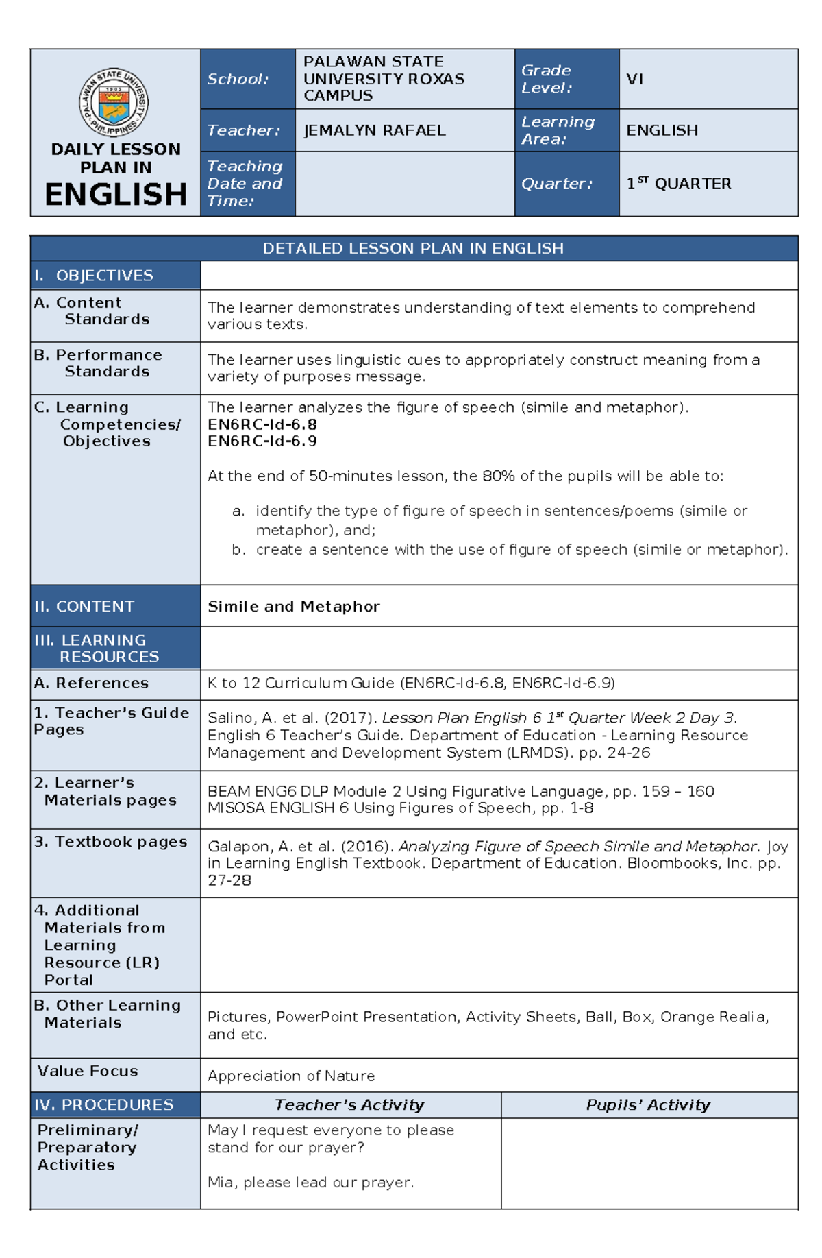 Lesson Plan: Similes and Metaphors for Grade VI (EN6RC-Id-6) - Studocu