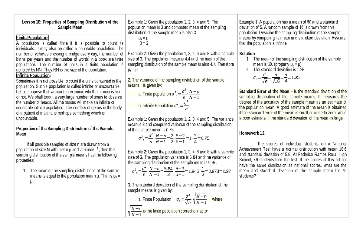 Lesson 18: Properties of Sampling Distribution of the Sample Mean - Studocu