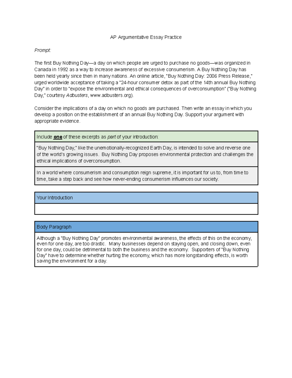 Buy Nothing Day - AP Argumentative Essay Practice Prompt - Studocu