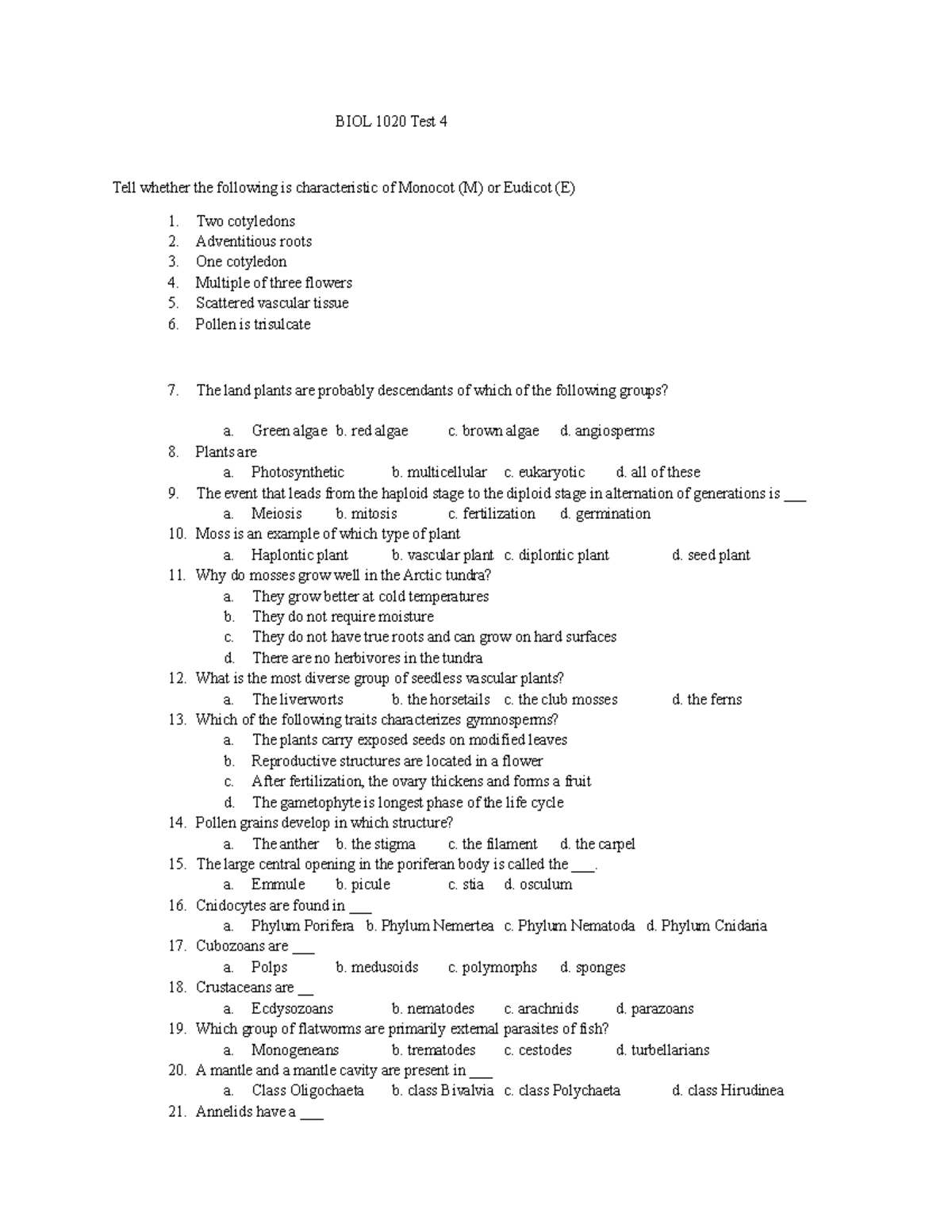 BIOL 1020 Test 4: Plant and Animal Classification Questions - BIOL 1020 ...