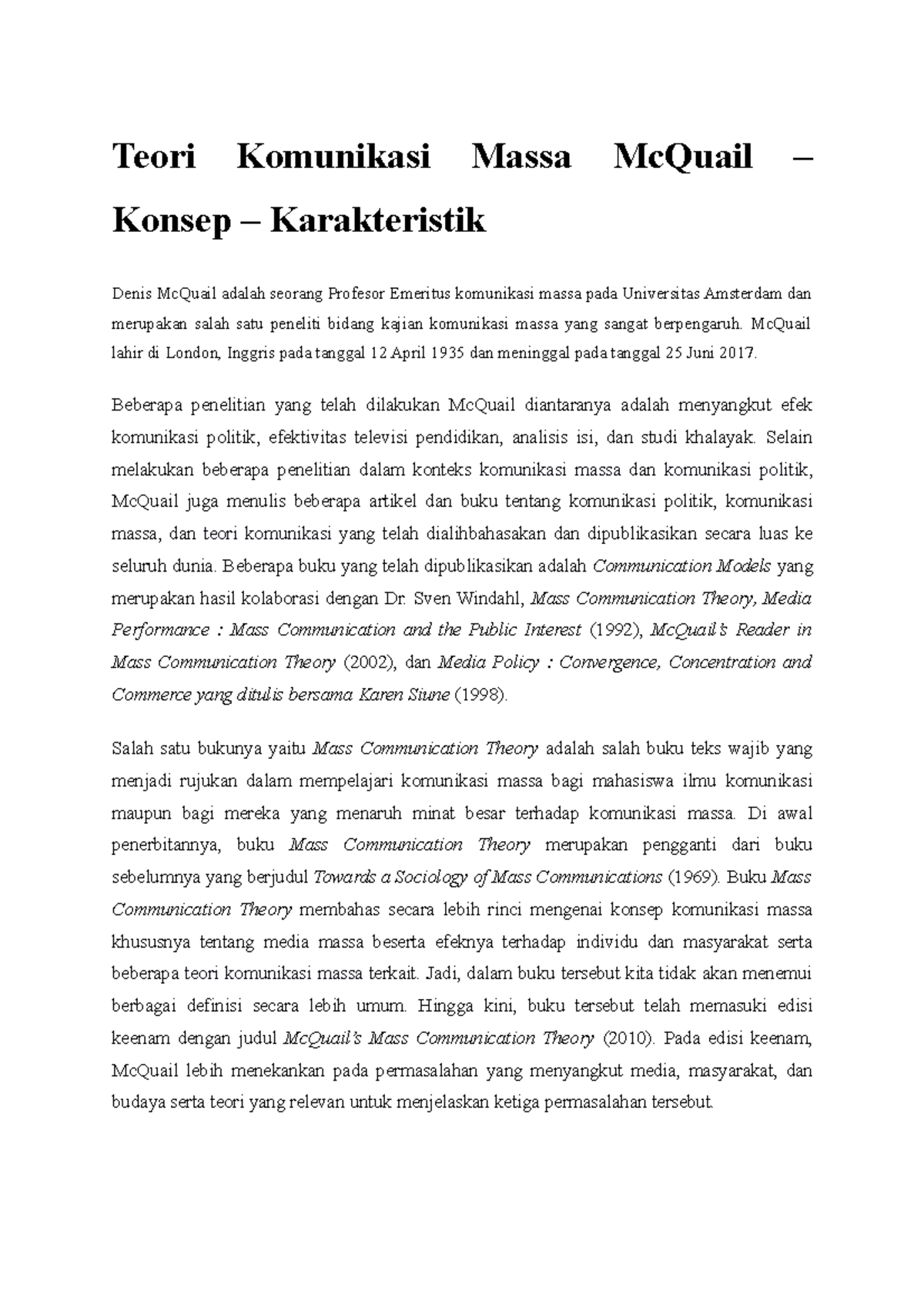 Teori Komunikasi Massa McQuail: Konsep dan Analisis Mendalam - Studocu