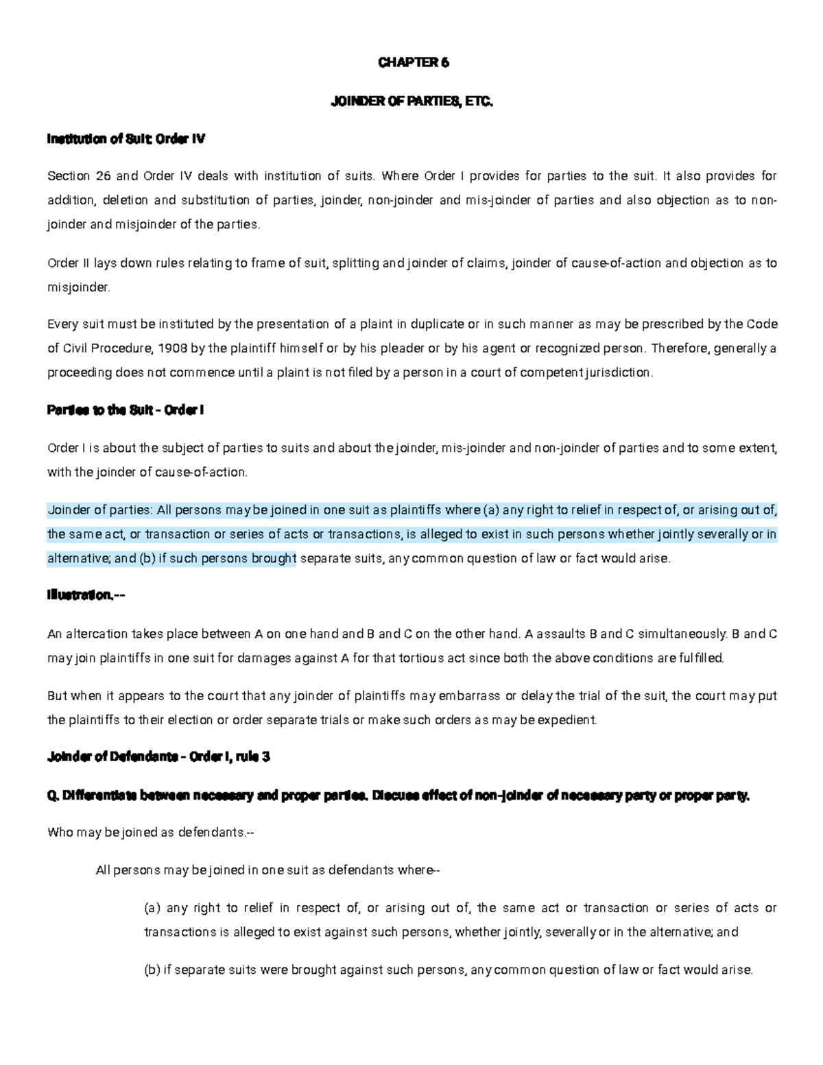 Code of Civil Procedure - Chapter 6: Joinder of Parties Explained - Studocu