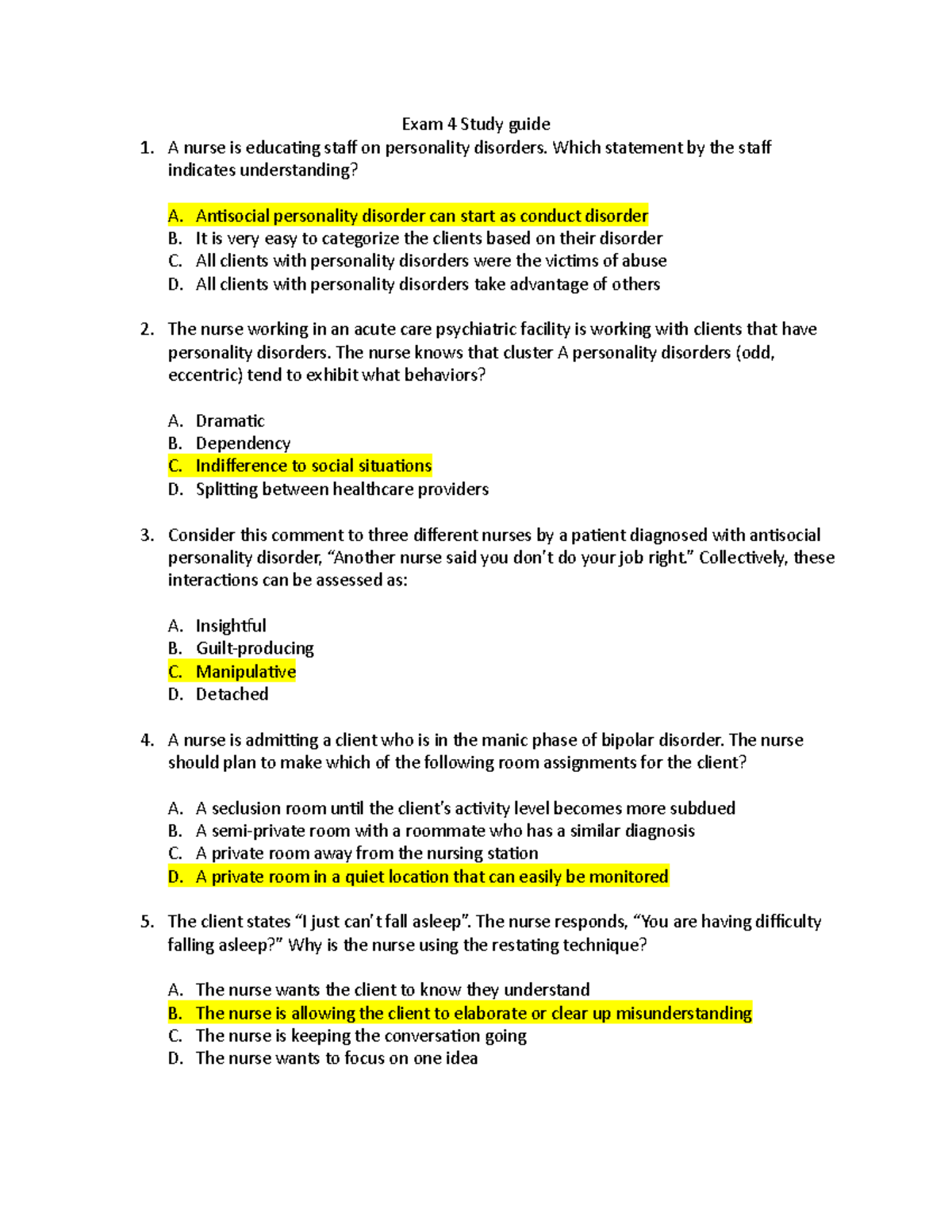 MH Exam 4 Study Guide: Key Concepts in Personality Disorders and ...