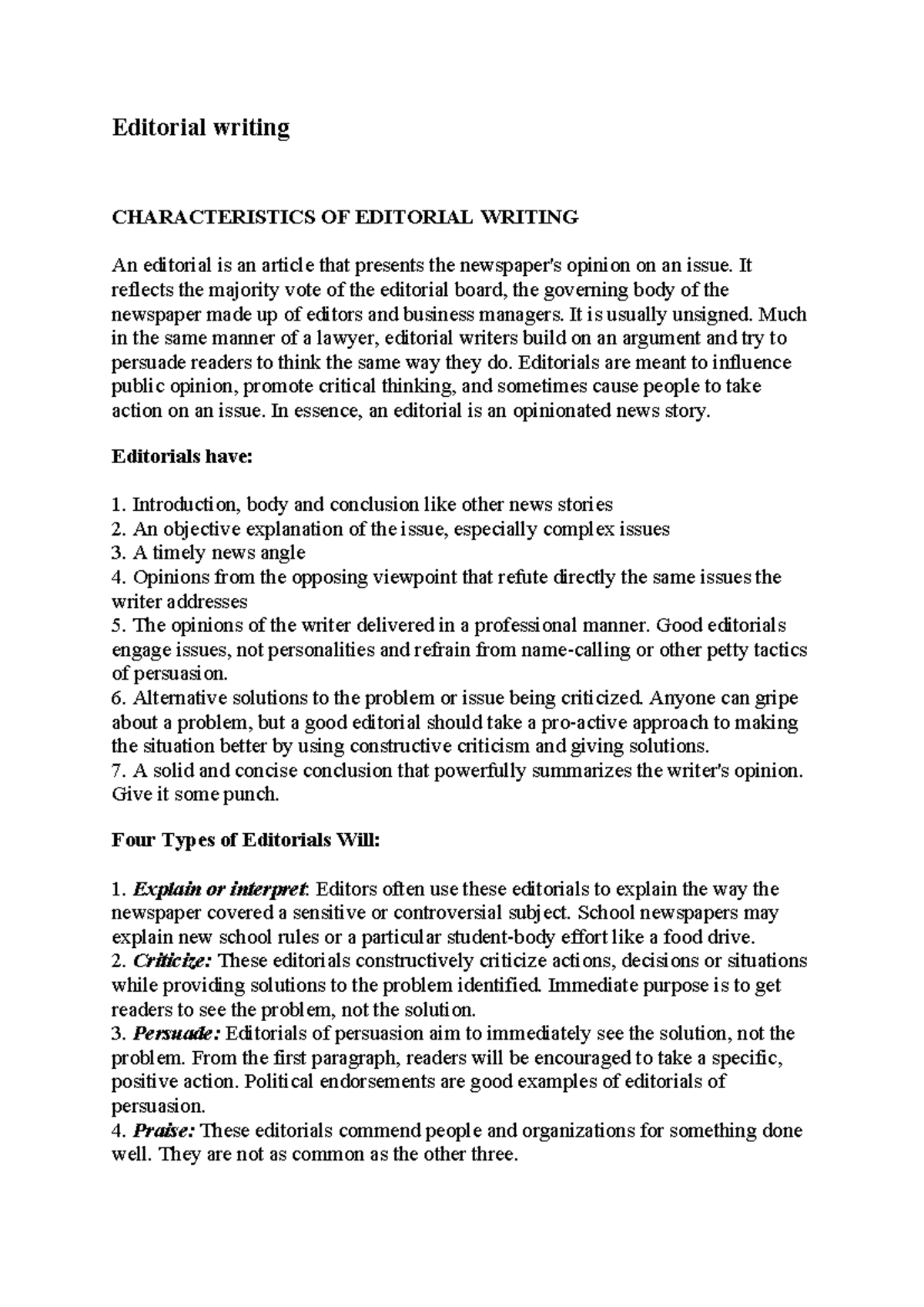 Editorial Writing: Key Characteristics and Types Explained - Studocu