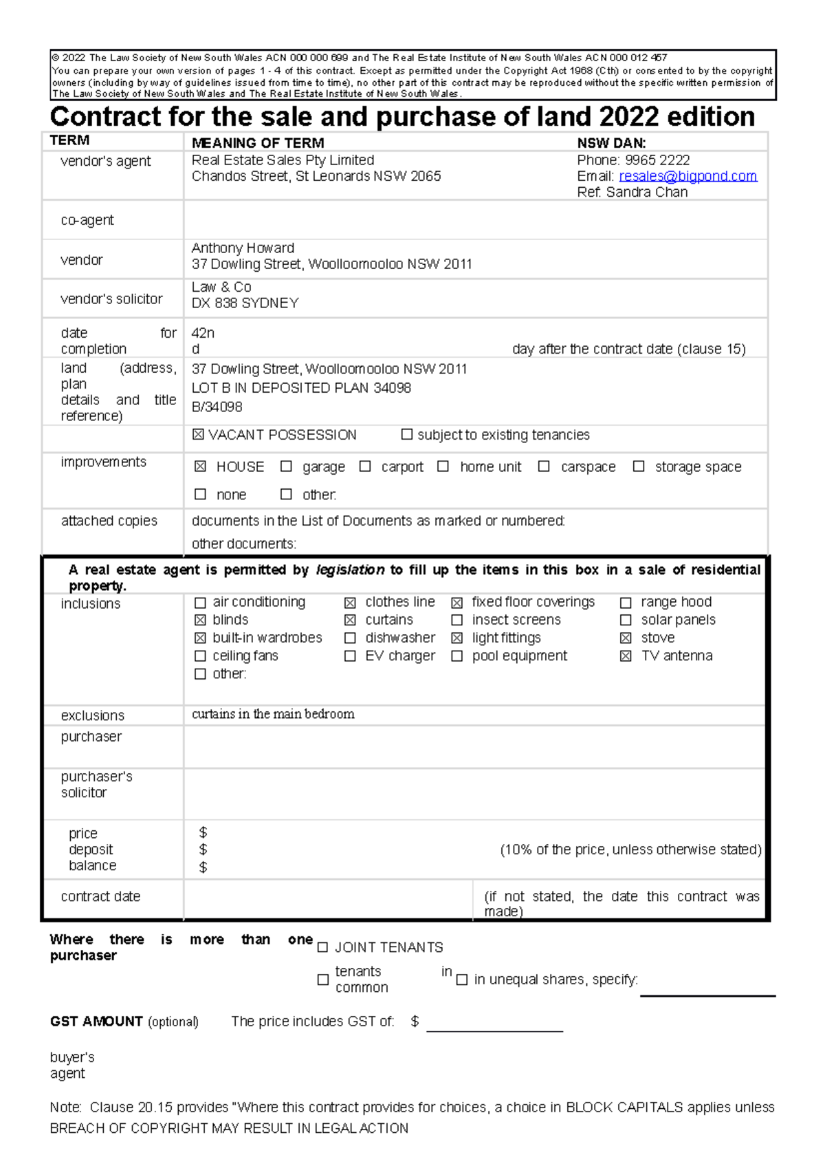 PROP T1 A1 Contract for Sale & Purchase of Land - 2022 Edition NSW ...