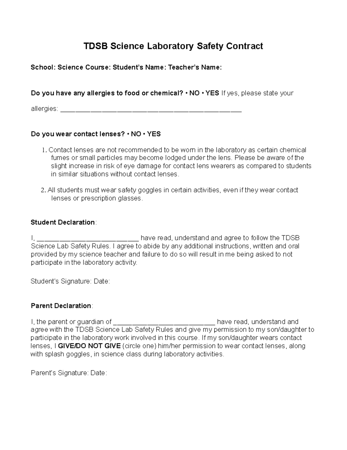 6.2 Lab Safety Contract (1) - TDSB Science Laboratory Safety Contract ...