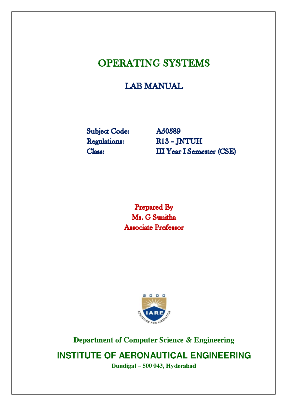 OS LAB Manual 0 - Os lab - OPERATING SYSTEMS LAB MANUAL Subject Code: A Regulations: R13 – JNTUH ...