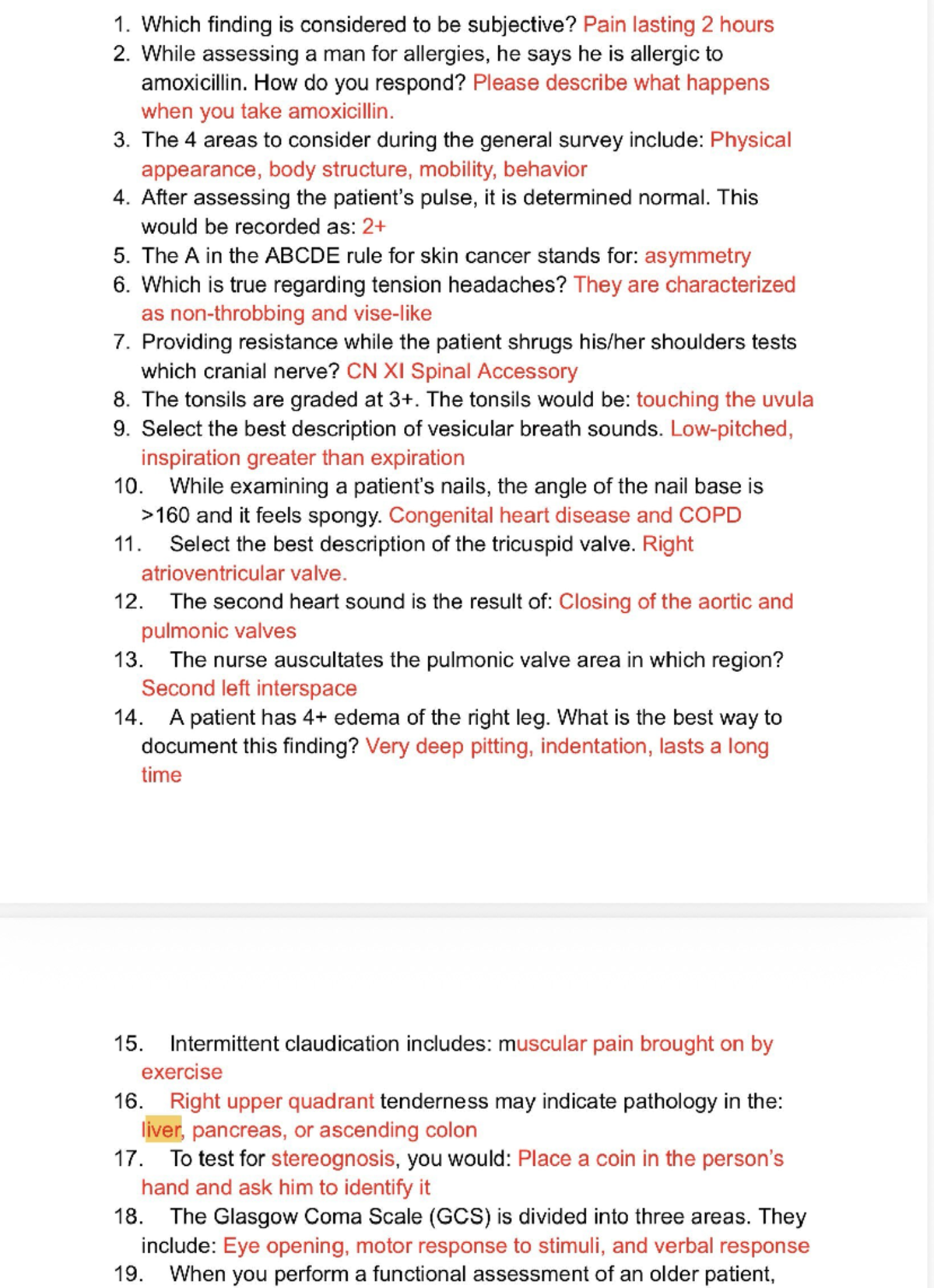 316 Practice Test: Subjective Findings & Assessment Questions - Studocu
