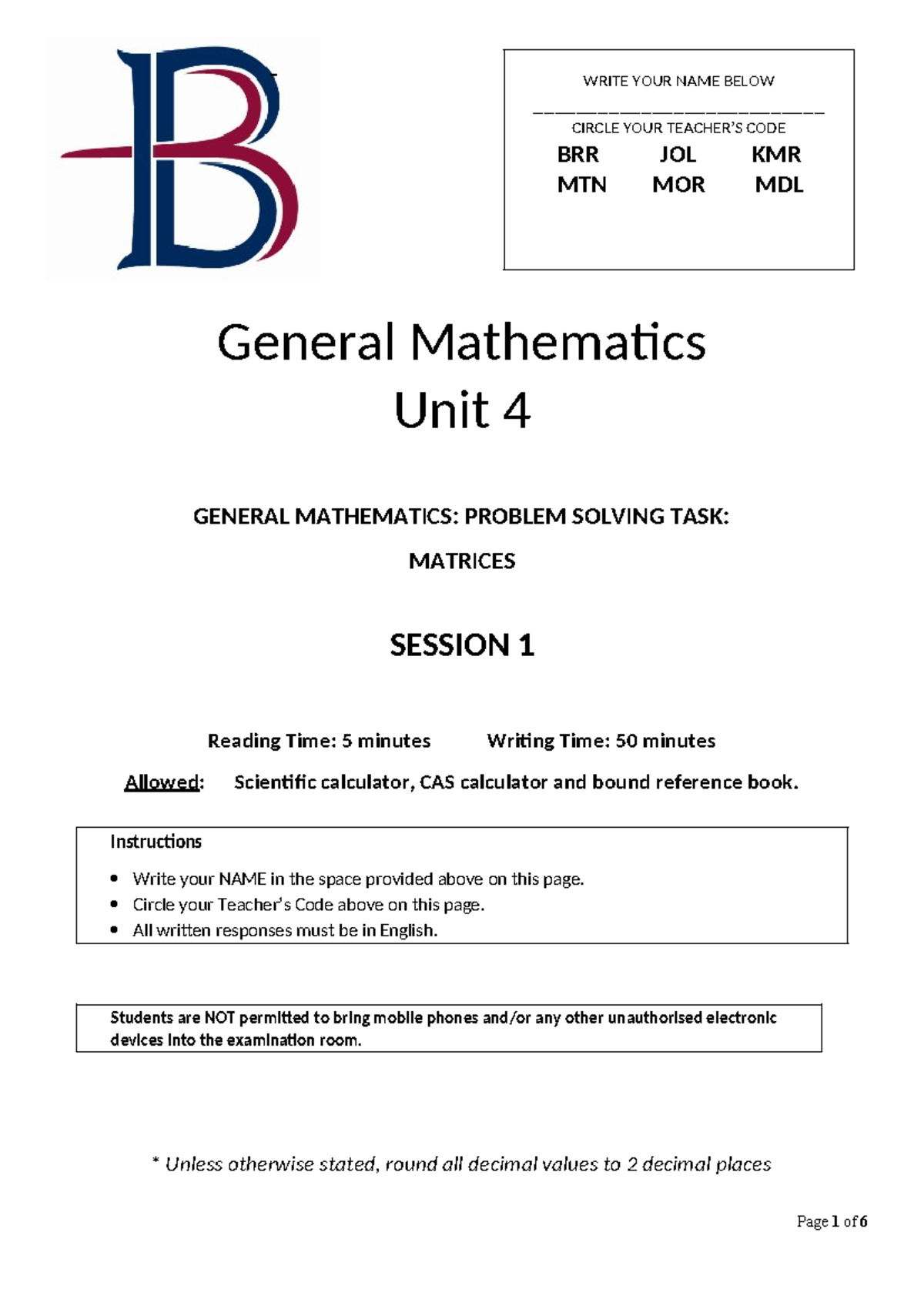2023 General Mathematics Unit 4: Matrices SAC Exam - Studocu
