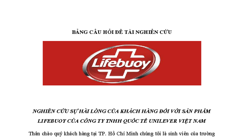 Bảng Câu Hỏi Nghiên Cứu Sự Hài Lòng Khách Hàng với Lifebuoy - Studocu