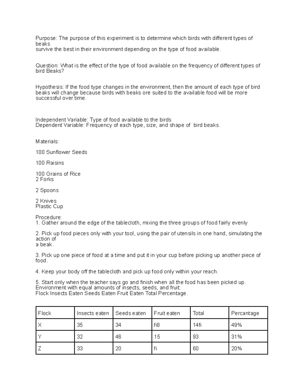 Lab Report: Effect of Food Type on Bird Beak Survival (BIO 101) - Studocu