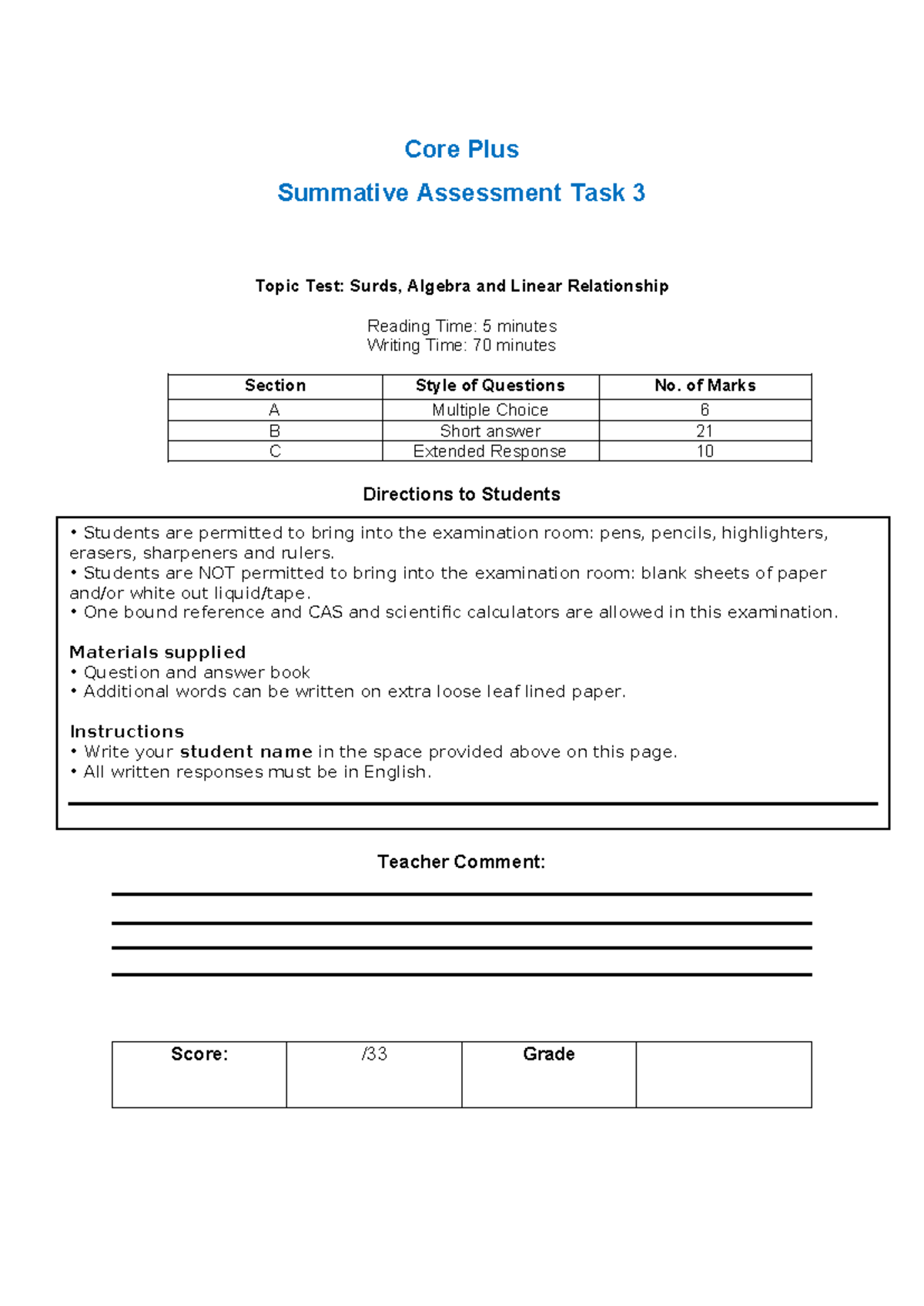 Core Plus Summative Assessment Task 3: Surds & Algebra Test - Studocu