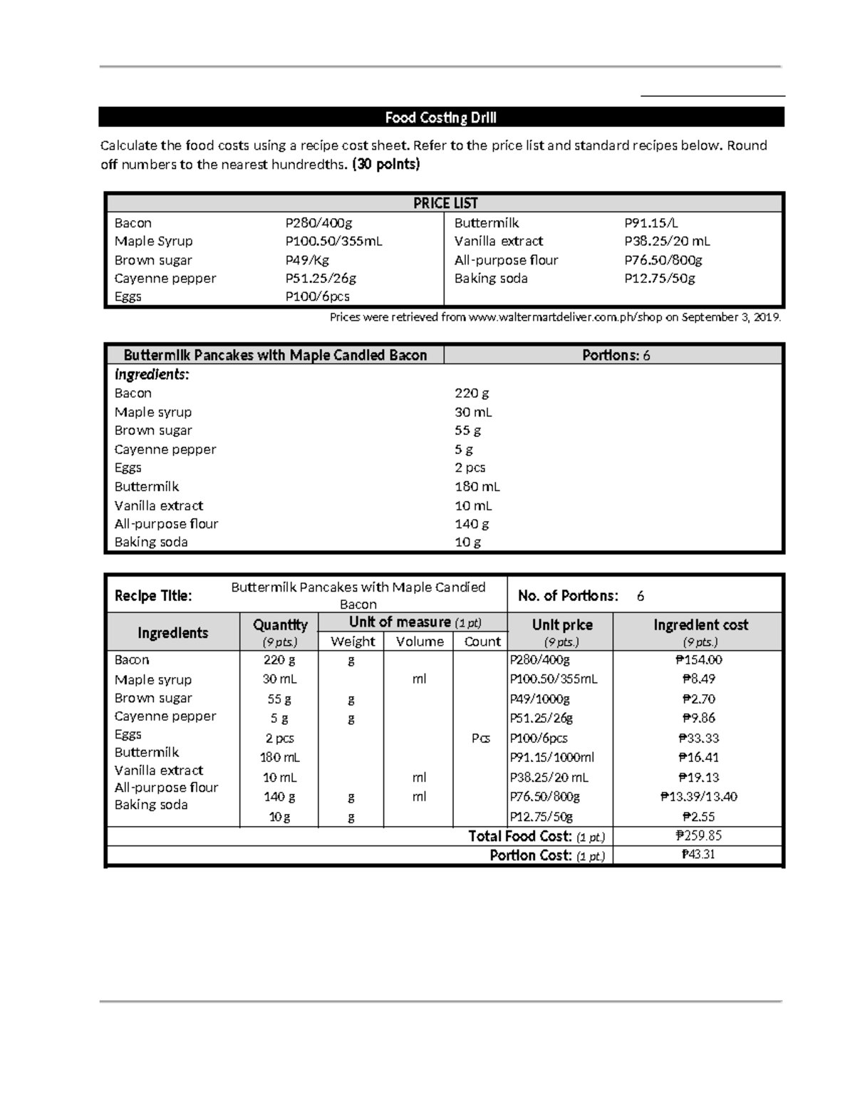 FOOD Costing Example - Food Costing Drill Calculate the food costs ...