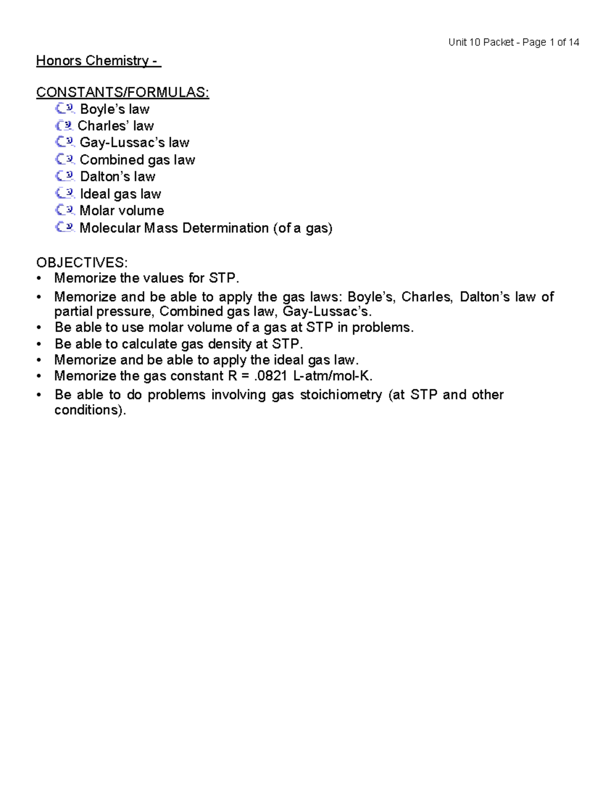 Gases & Gas Laws: Honors Chemistry Unit Review (CHM 101) - Studocu