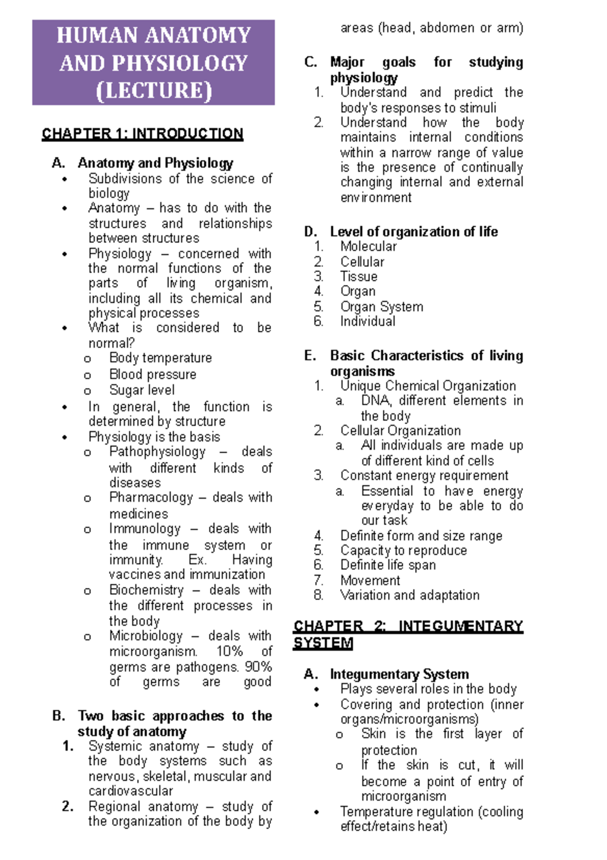 Human Anatomy & Physiology LEC Notes: Intro to Body Systems - Studocu