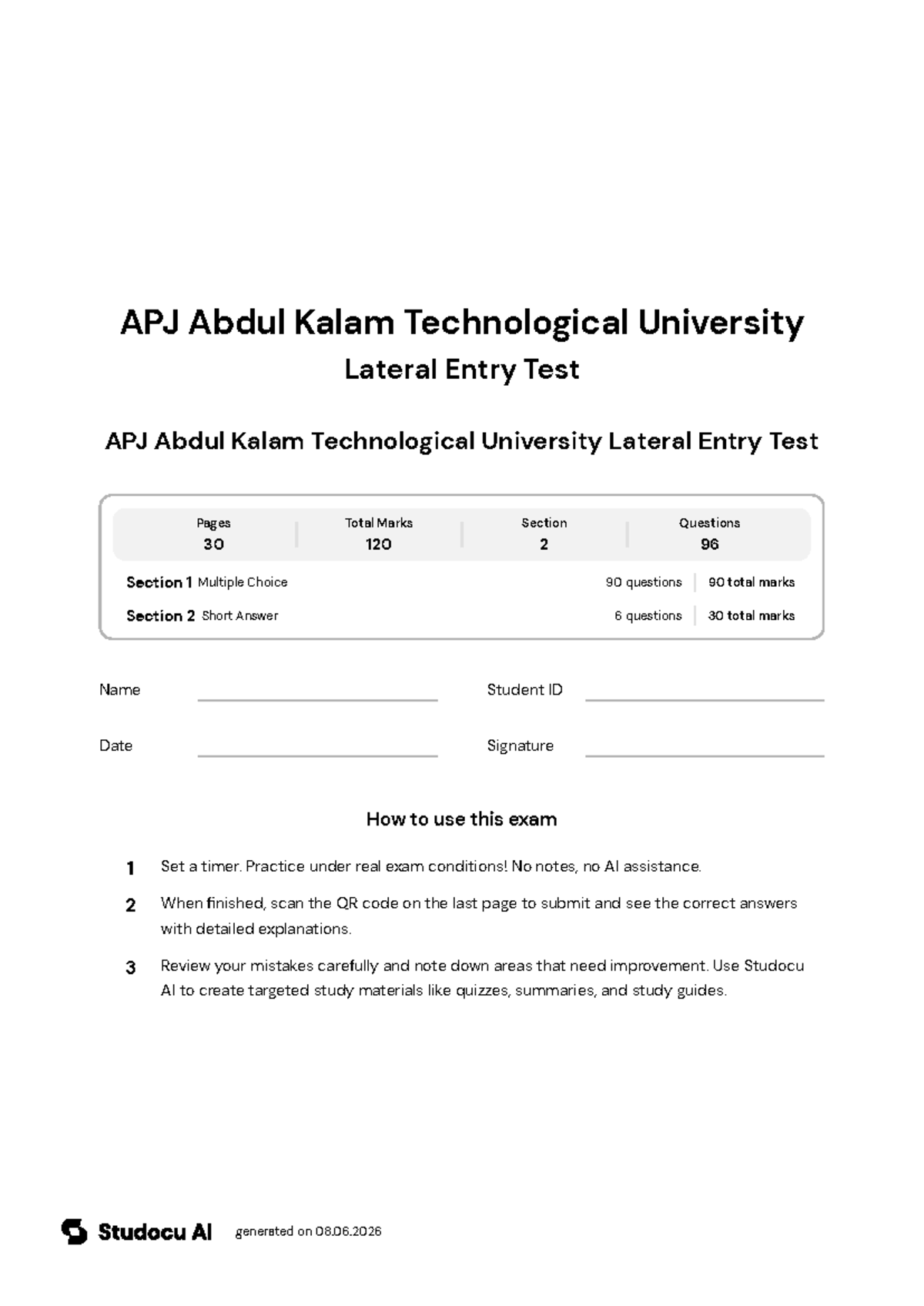 Lateral Entry Test - APJ Abdul Kalam University - Studocu