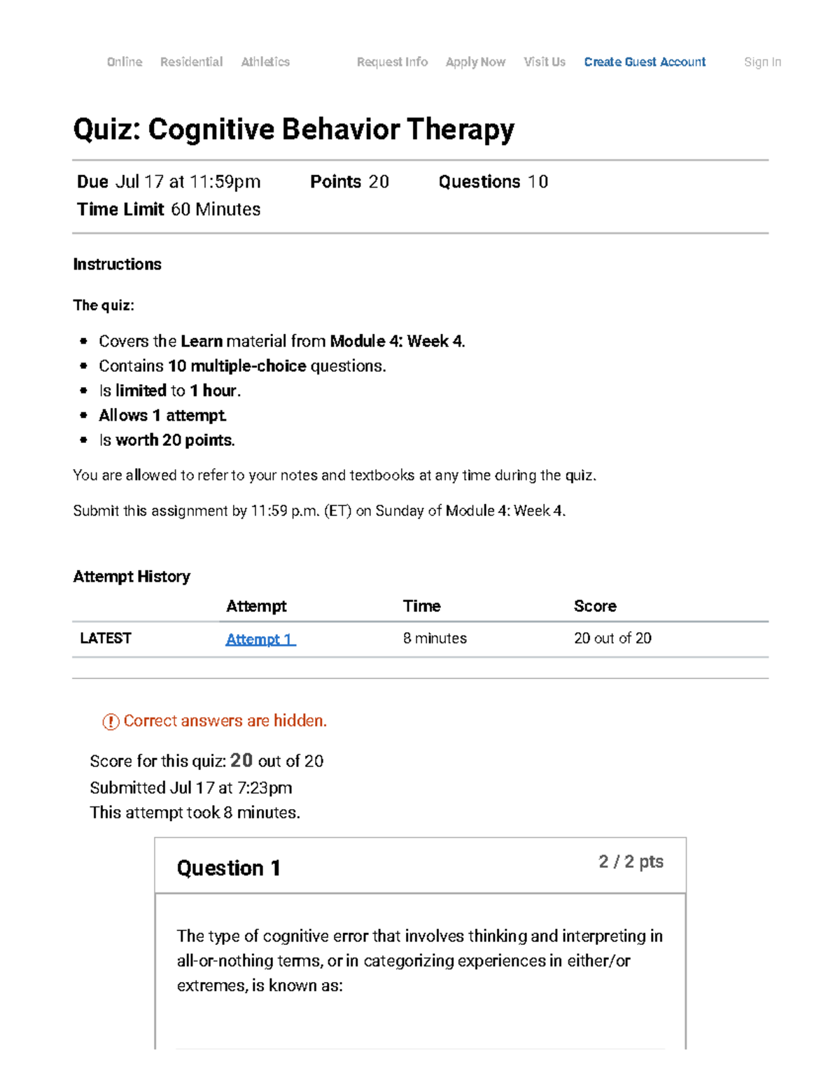 Quiz on Cognitive Behavior Therapy Concepts COUC510 (D01) - Studocu