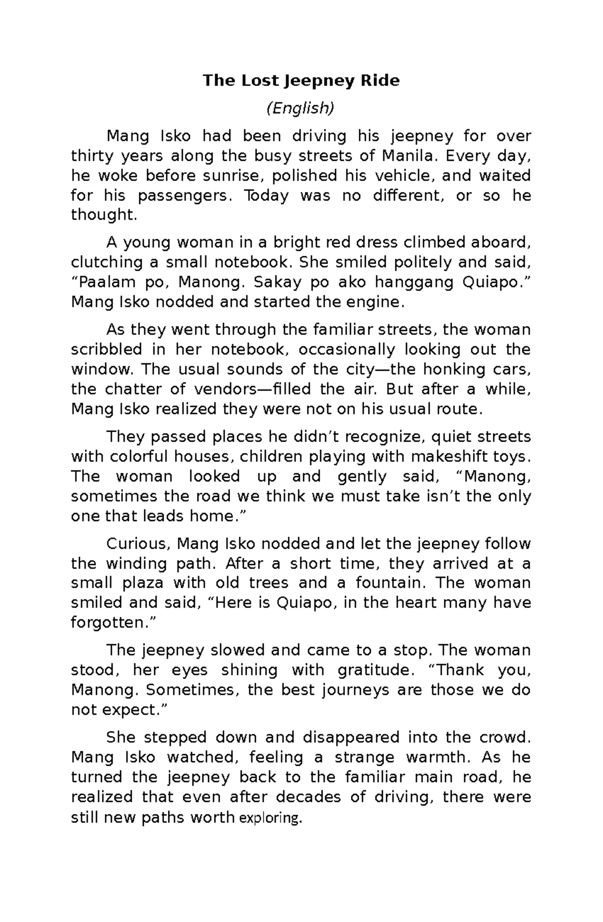 ENG 101: Poem and Story Analysis - The Lost Jeepney Ride - Studocu