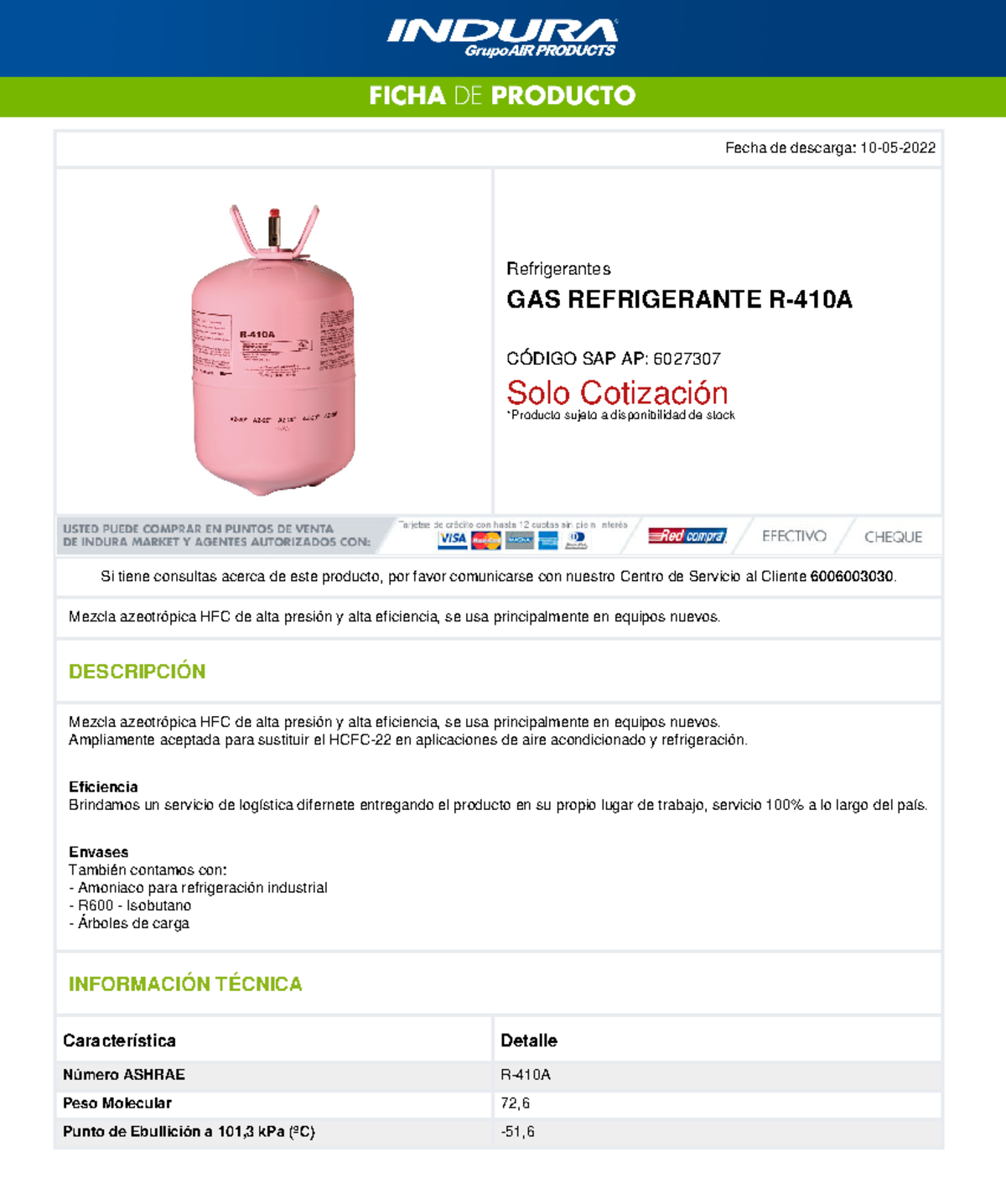 Ficha Técnica Gas Refrigerante R-410A - Detalles y Eficiencia - Studocu