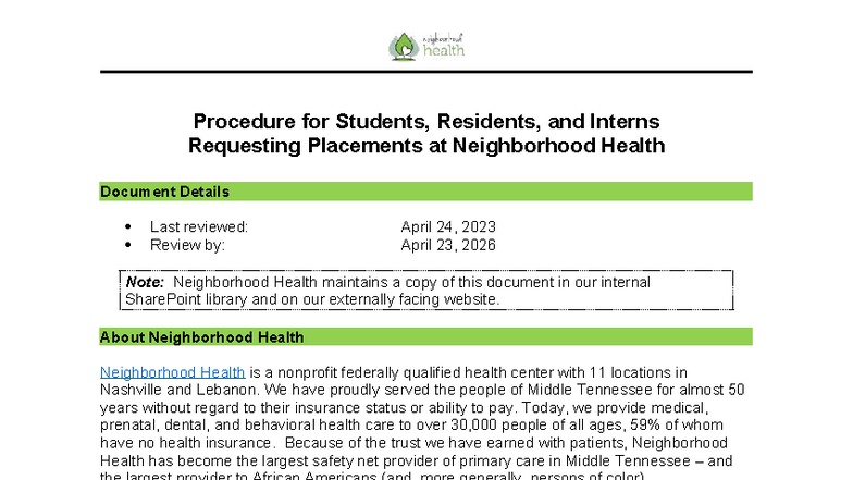 Procedure for Student, Resident, and Intern Placements at Neighborhood ...