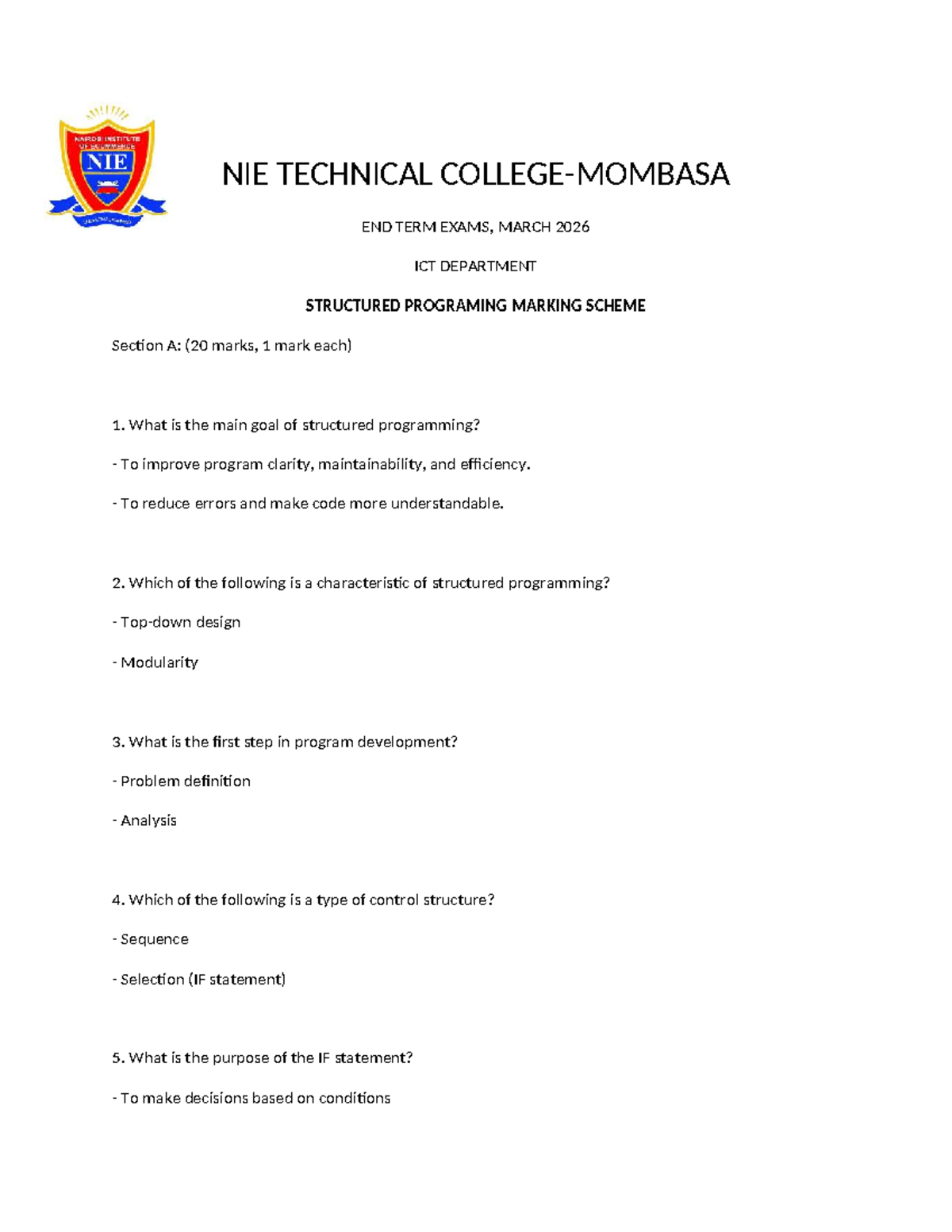 NIE ICT 2026 End Term Exam: Structured Programming Marking Scheme - Studocu