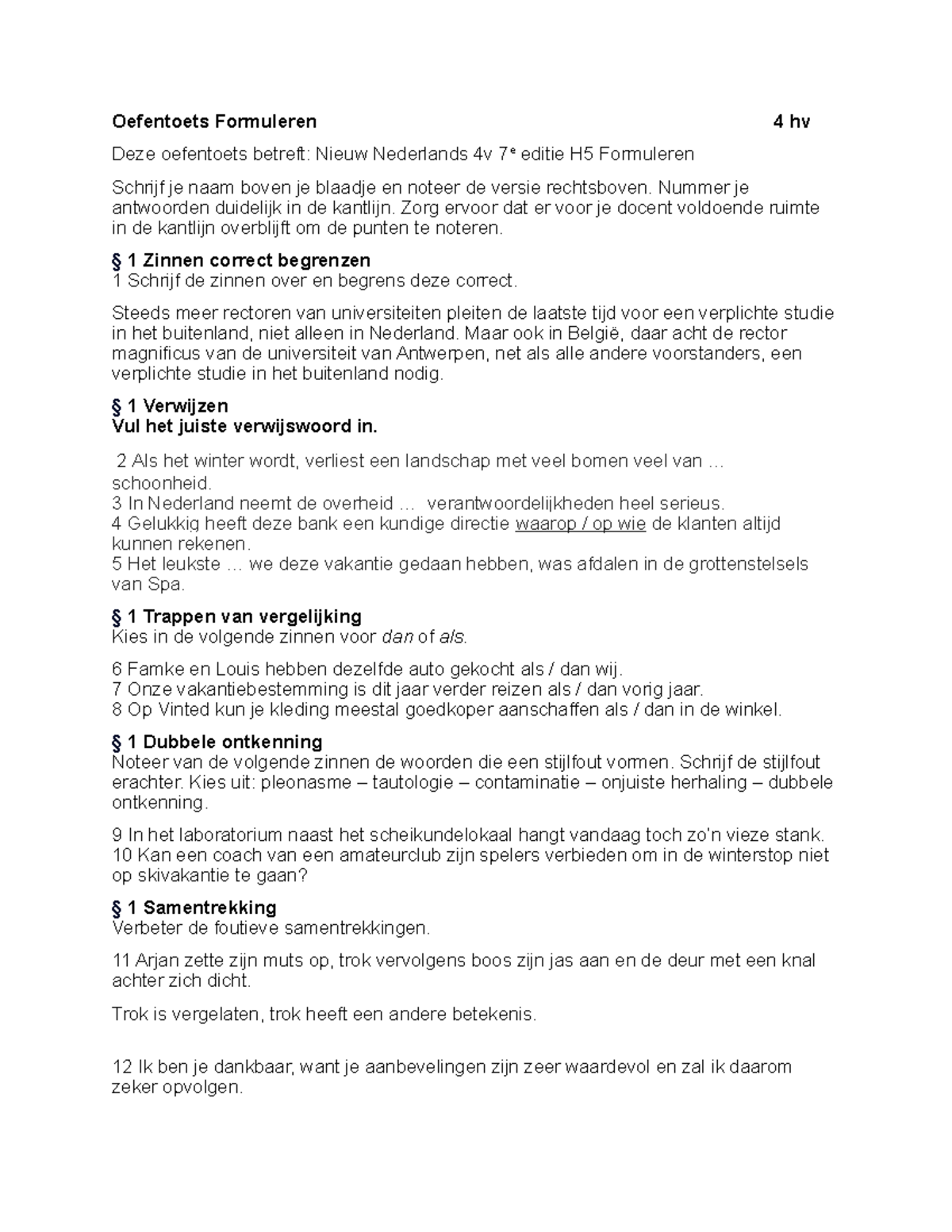 Oefentoets Formuleren 4hv - Oefeningen en Verbeteringen in Nederlands ...