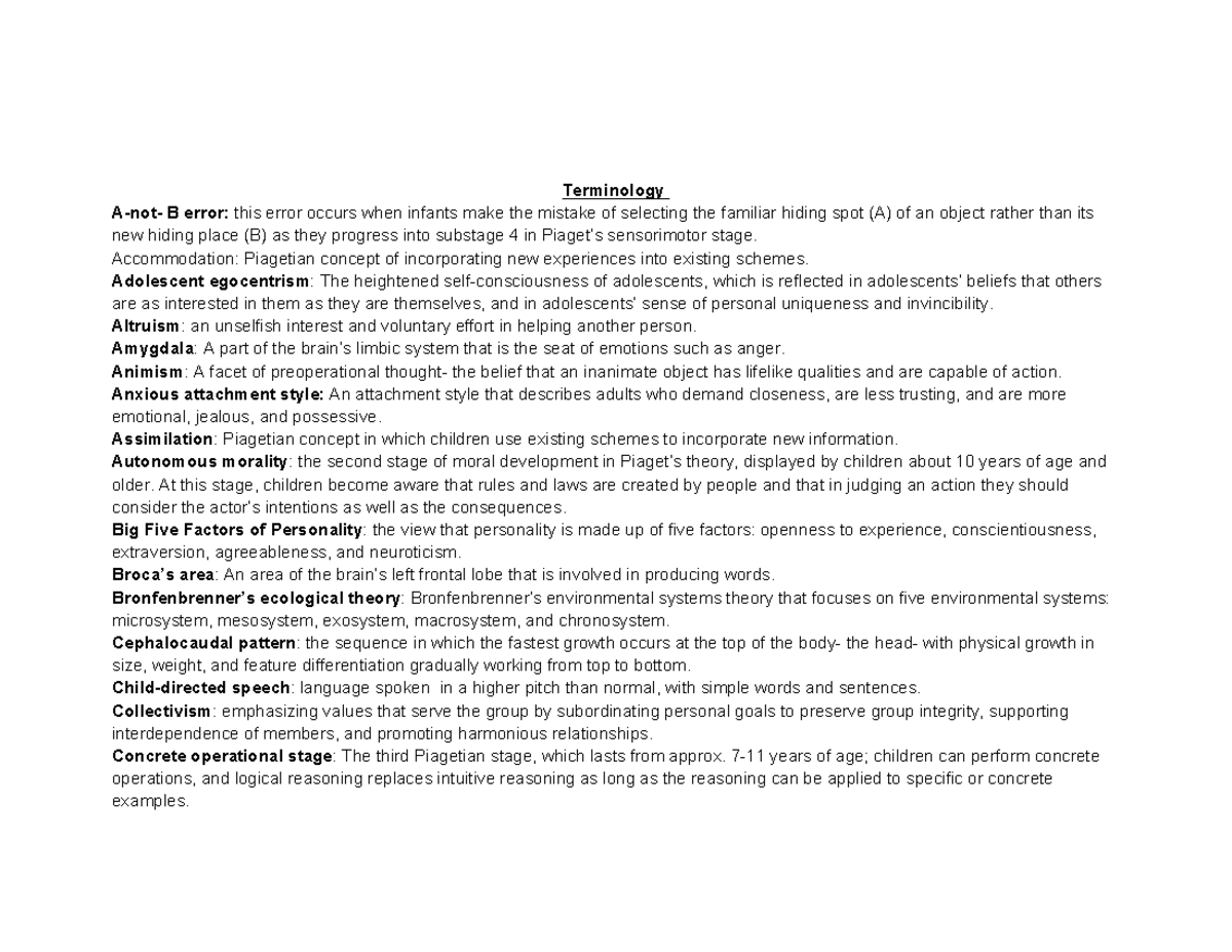 Psyc 2550 terminology - Summary Theories of Human Development ...