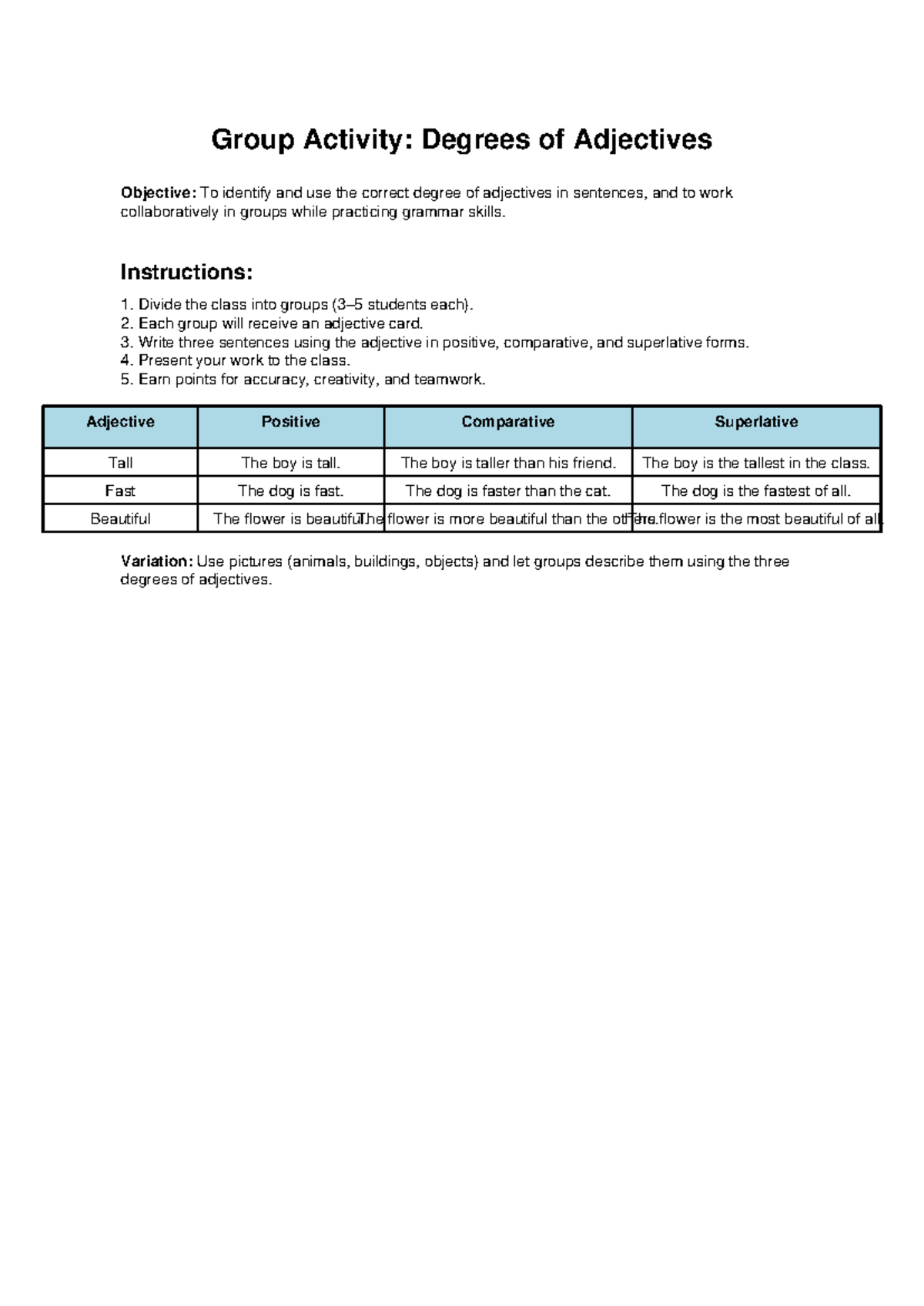 Group Activity: Degrees of Adjectives (Grammar Practice) - Studocu
