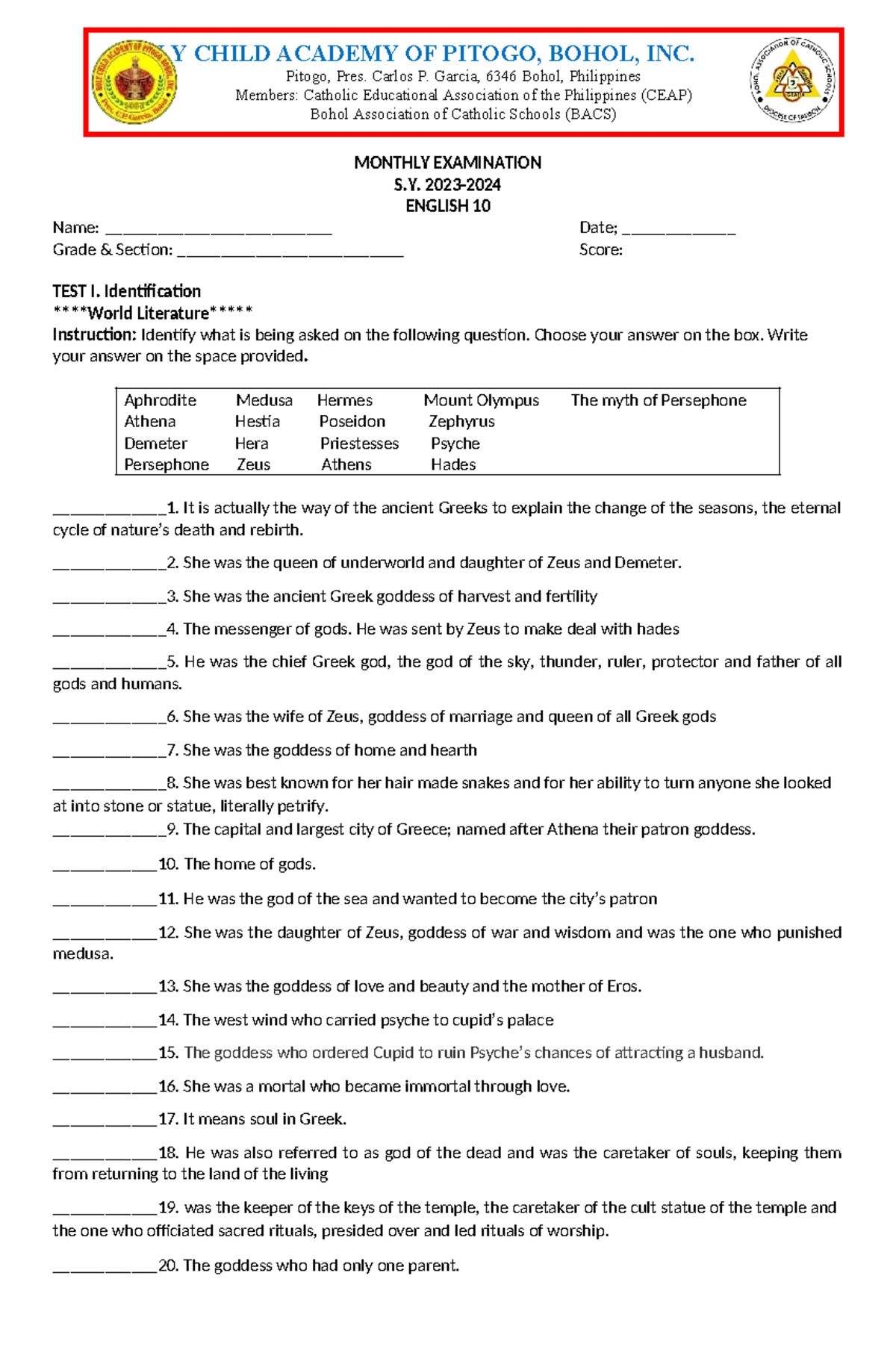 English 10 Monthly Examination S.Y. 2023: Test & Essay Questions - Studocu