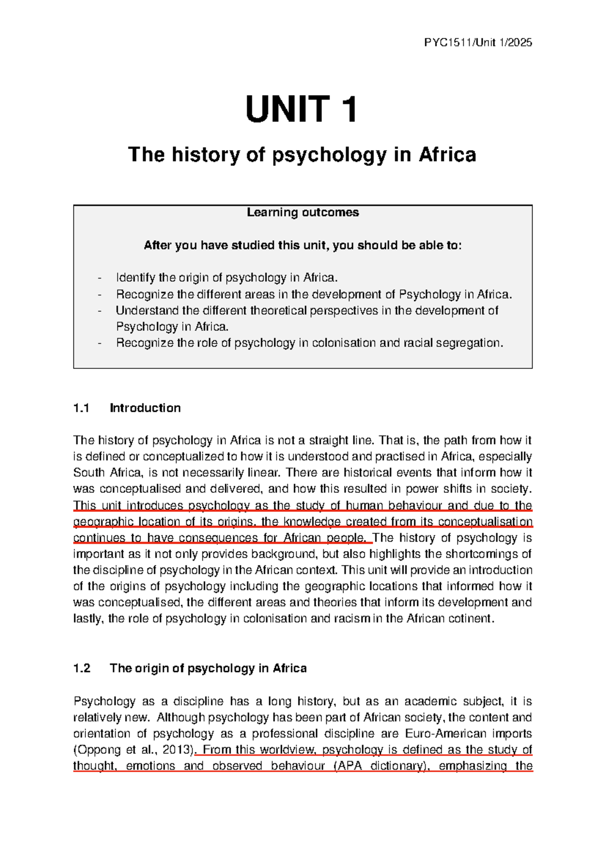 PYC1511 Unit 1: History of Psychology in Africa - Studocu