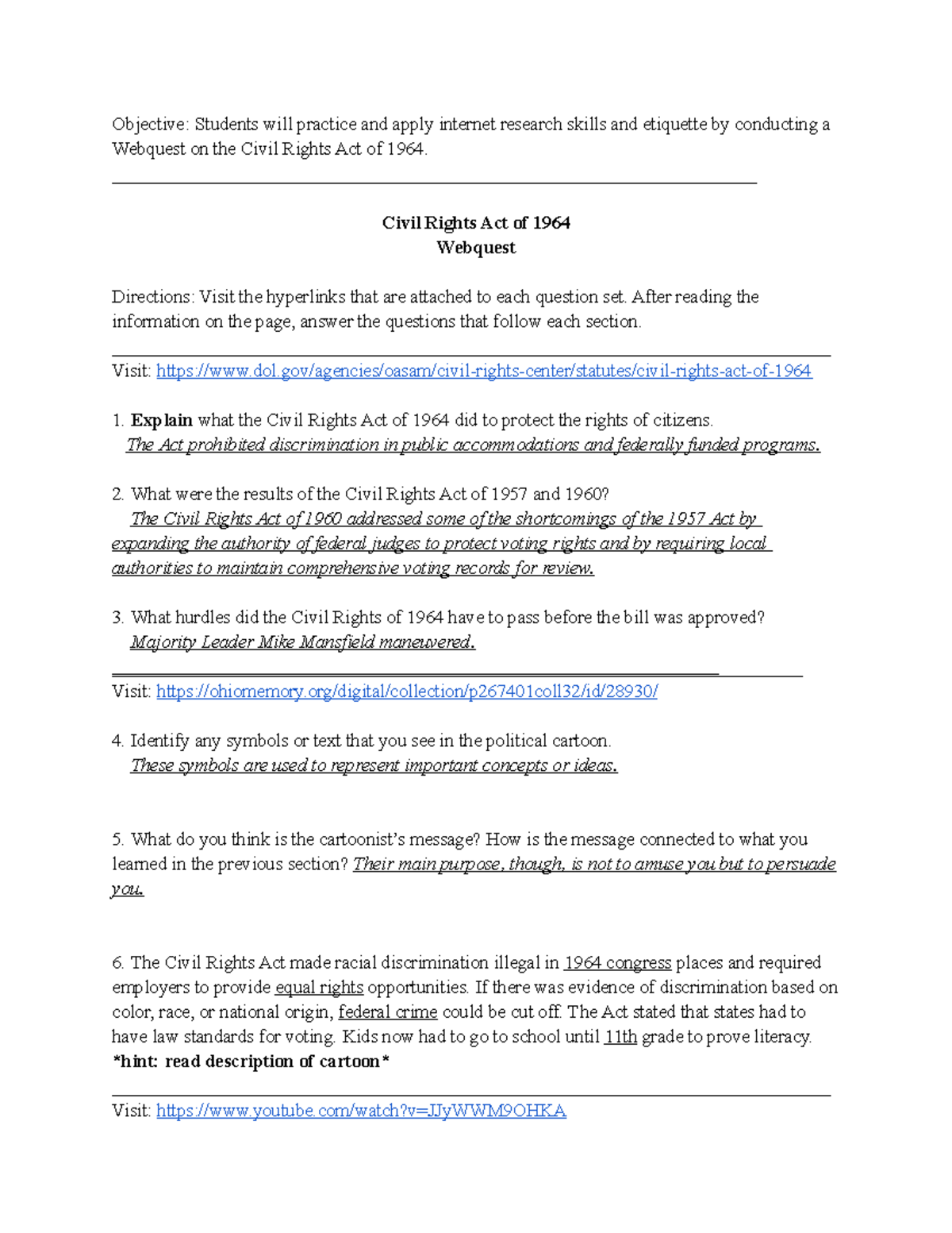 Civil Rights Act of 1964 Webquest - Objective: Students will practice ...
