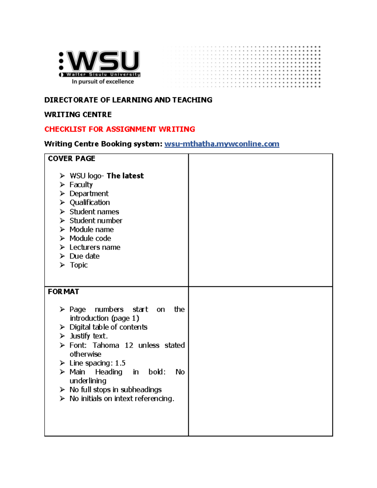 Checklist for Assignment Writing (WSU) - Writing Centre Guide - Studocu