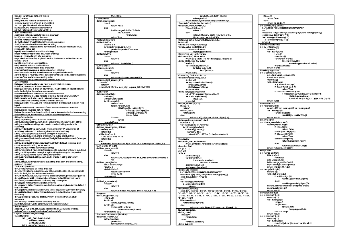CS1010E Cheat Sheet: Functions, Lists, Tuples, and More - Studocu