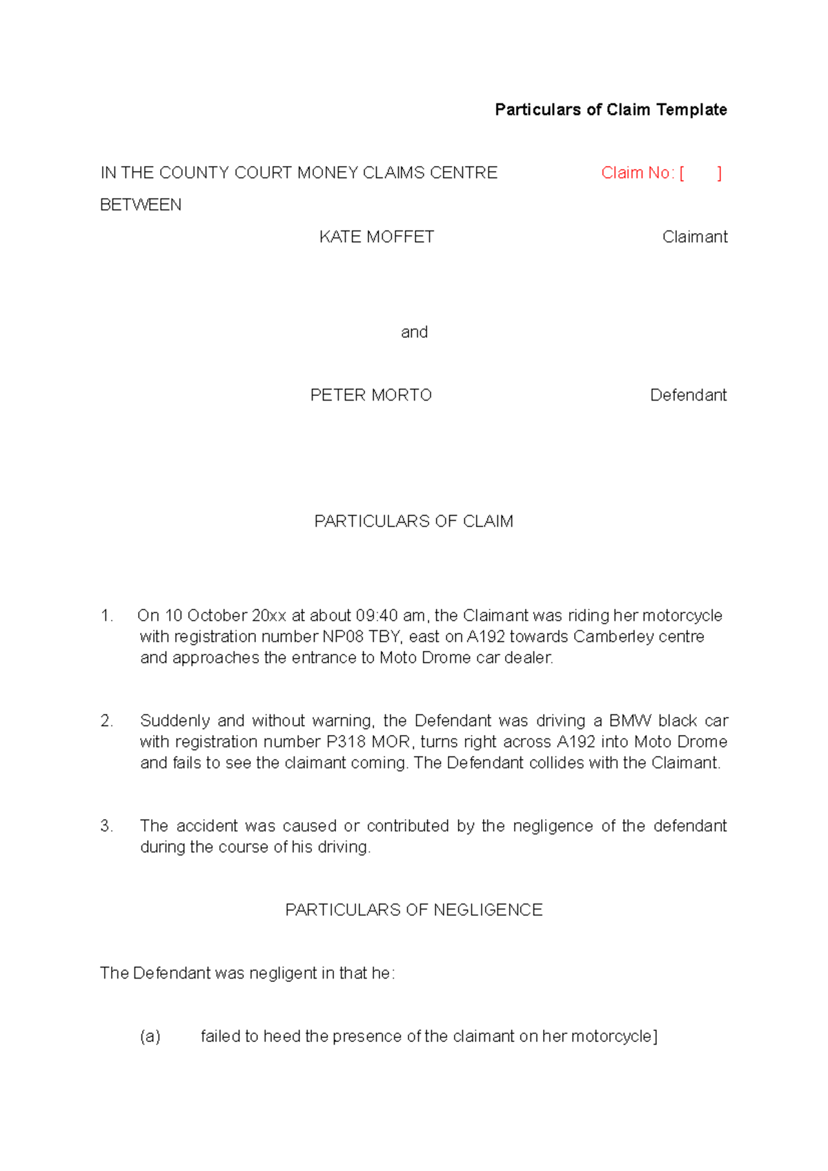 Particulars of Claim Template - Case No: [ ] for Claimant vs Defendant ...