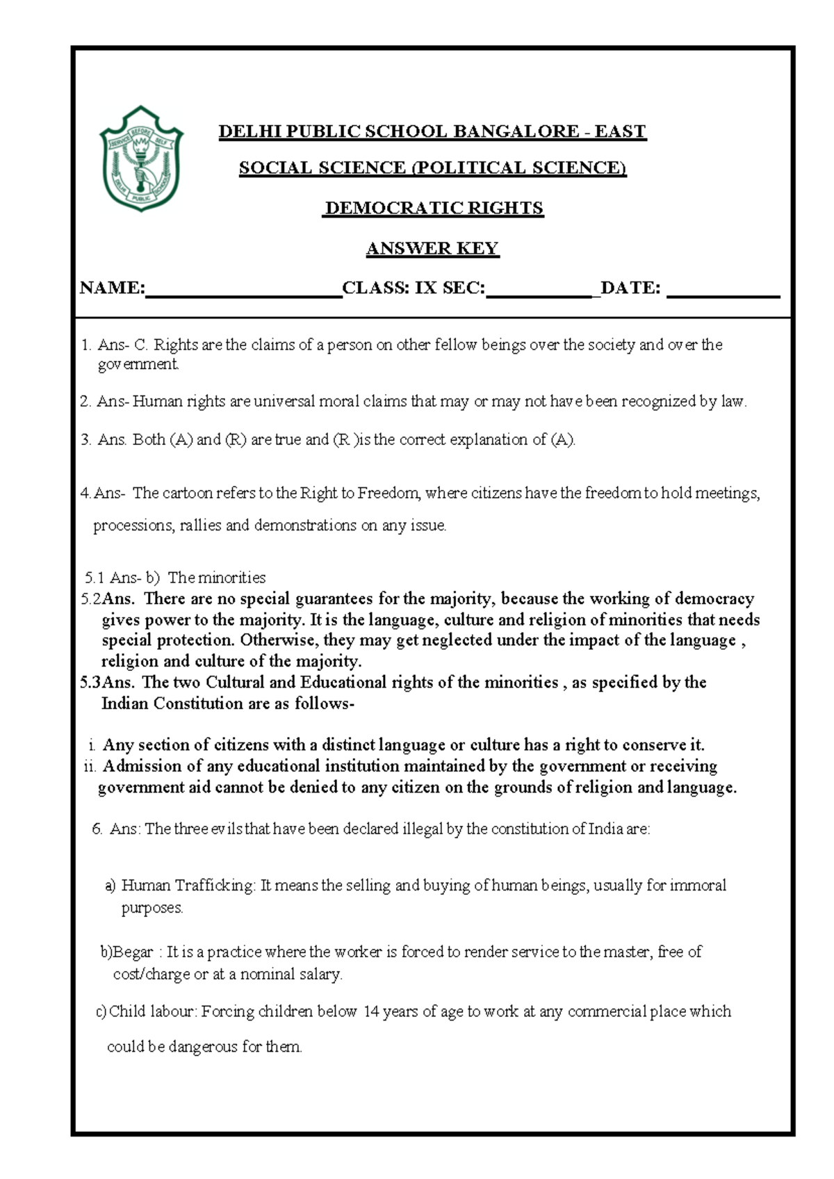 Class IX Political Science Democratic Rights Answer Key - Studocu