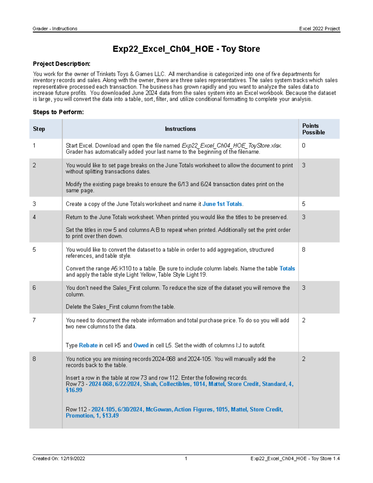 Exp22 Excel Ch04 HOE - Toy Store Analysis & Instructions - Studocu