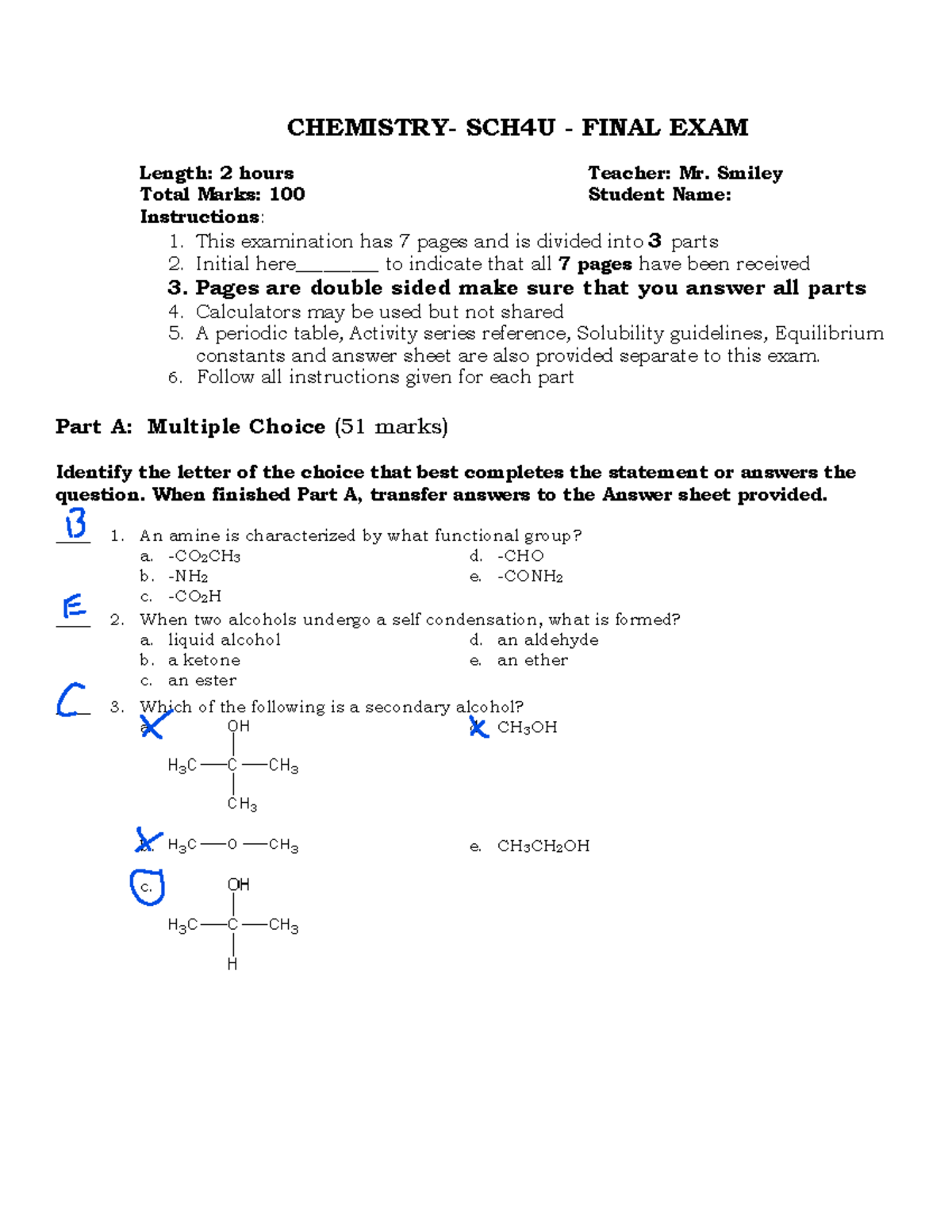 CHEMISTRY SCH4U Final Exam Practice Solutions and Answers - Studocu