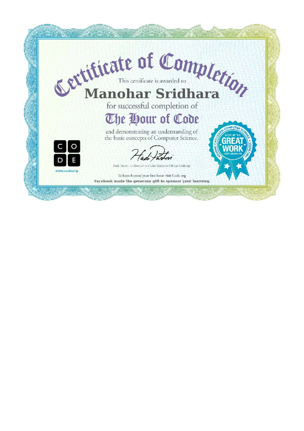 THE HOUR OF CODE Completion Certificate - Manohar Sridhara - Studocu