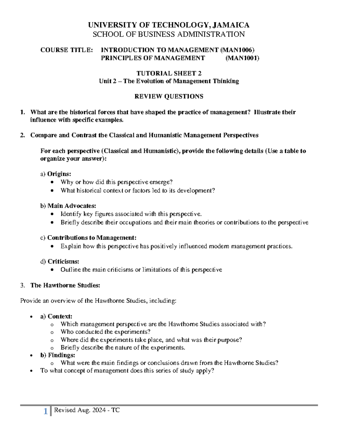 Tutorial Sheet 2 ITM ans - UNIVERSITY OF TECHNOLOGY, JAMAICA SCHOOL OF BUSINESS ADMINISTRATION ...