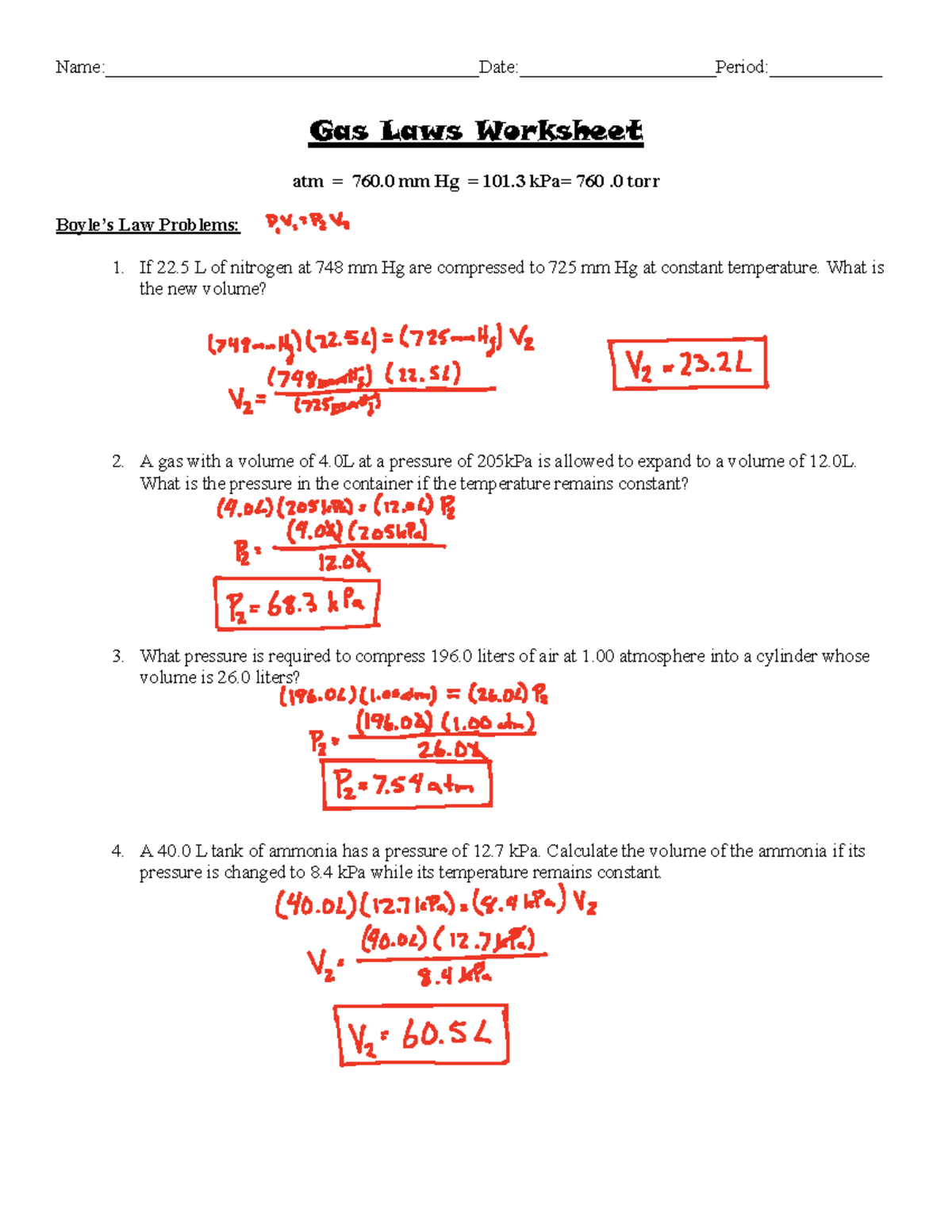 Gas Laws Worksheet Answer Key and Solutions - Studocu